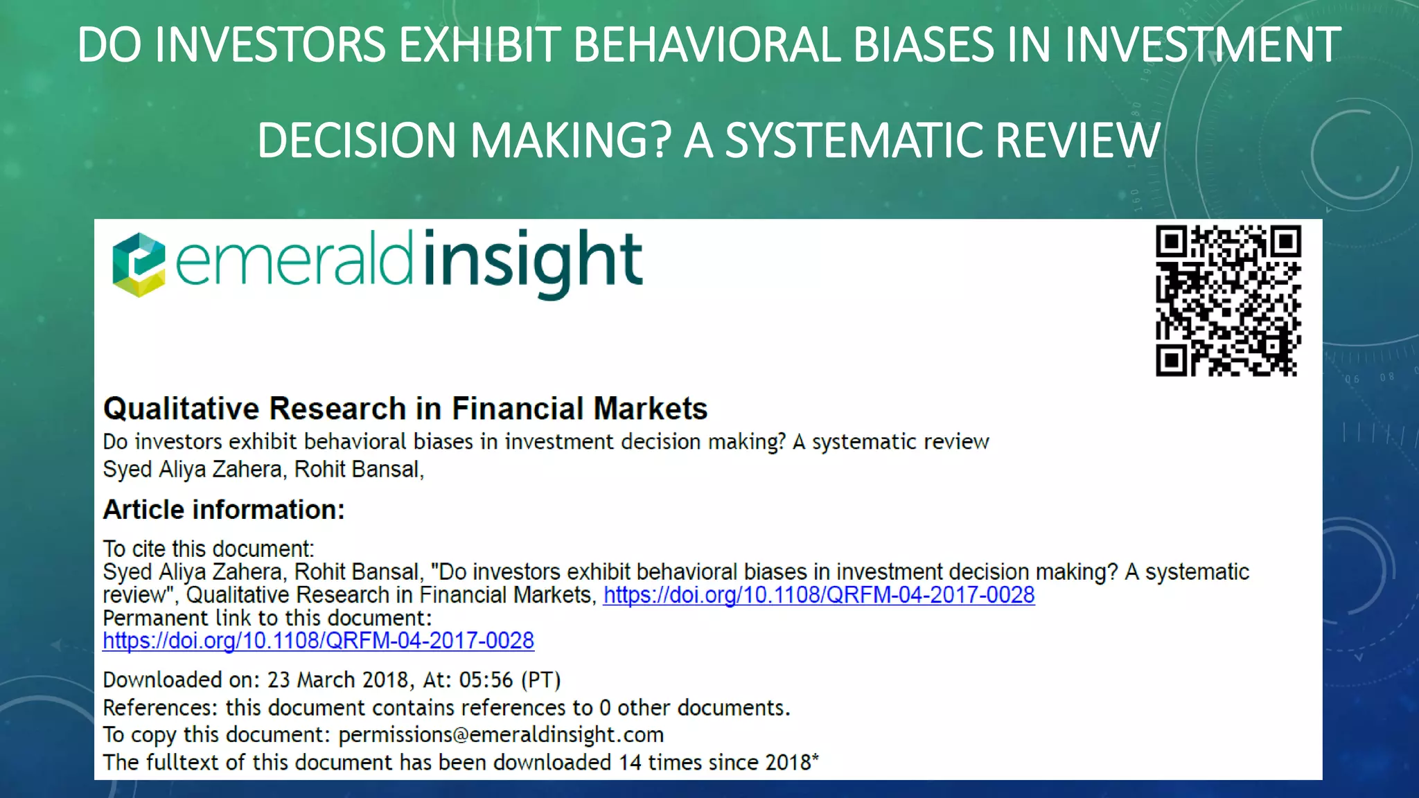 Impact of Behavioral Biases on Investor's Decision | PPTX