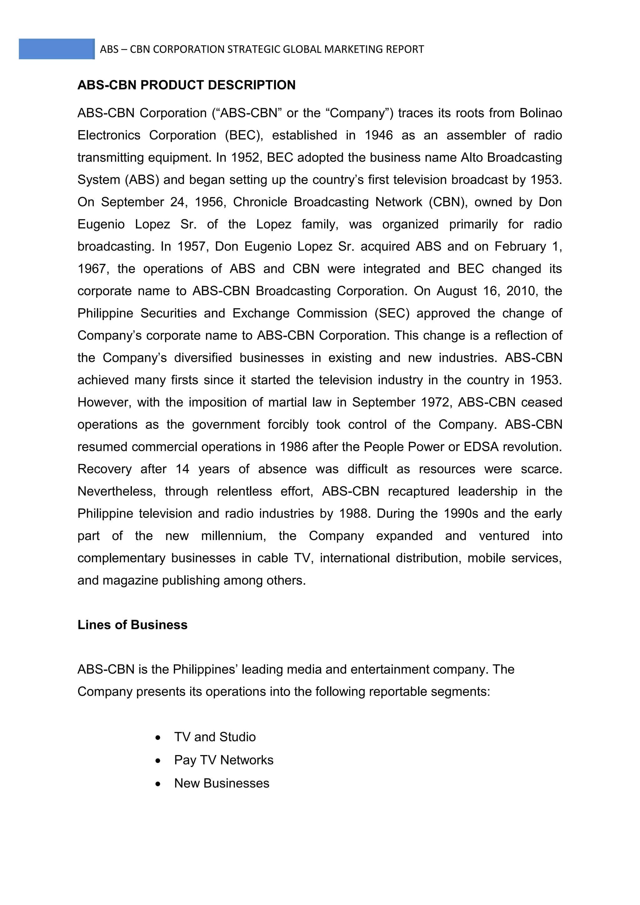 Strategic Global Marketing: ABS-CBN Corporation | PDF