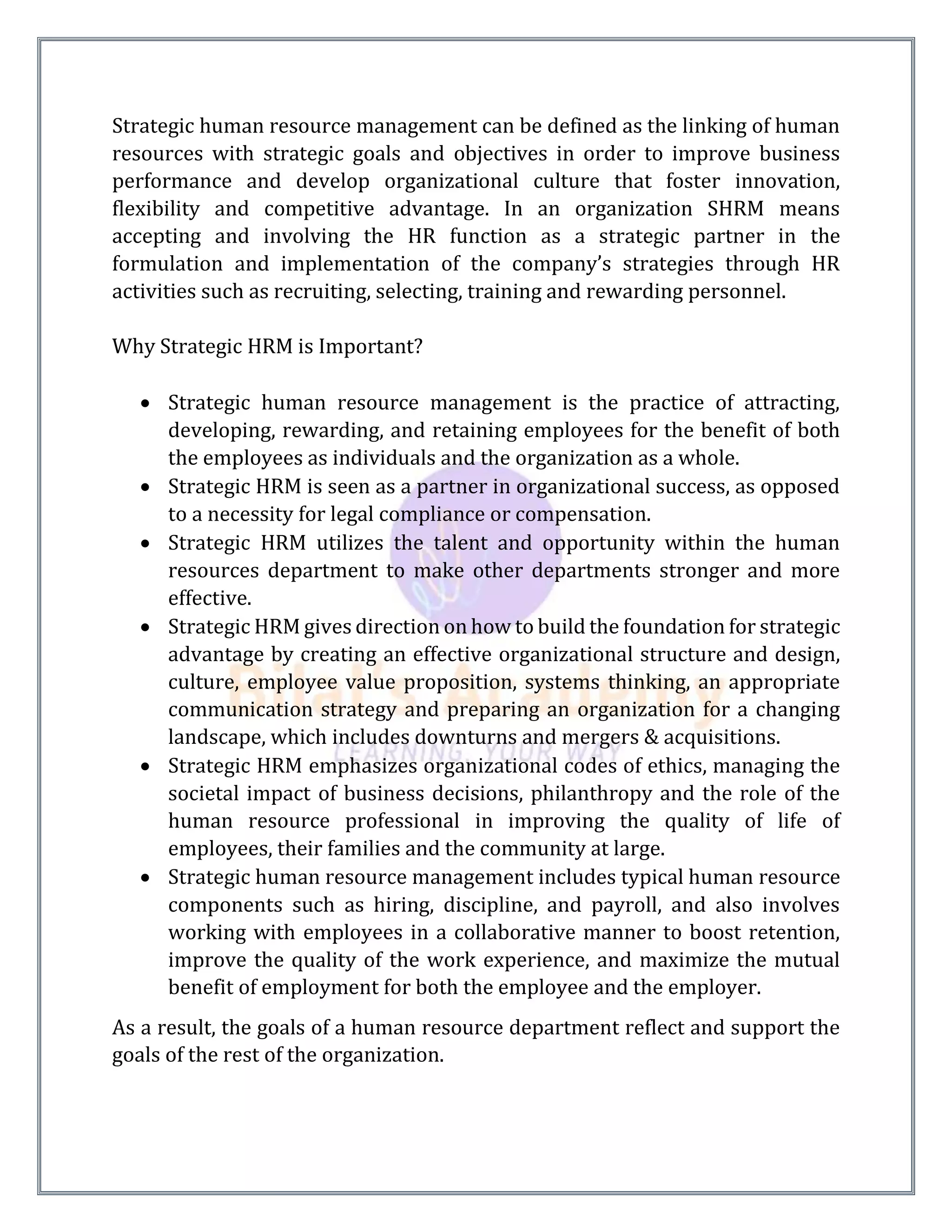 STRATEGIC HUMAN RESOURCE MANAGEMENT NOTES | PDF