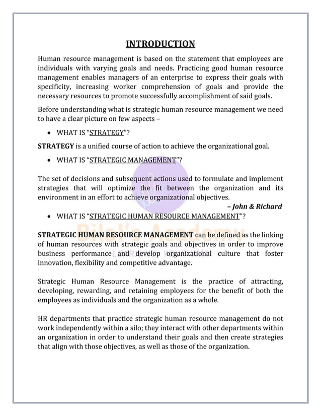 STRATEGIC HUMAN RESOURCE MANAGEMENT NOTES | PDF | Human Resources ...