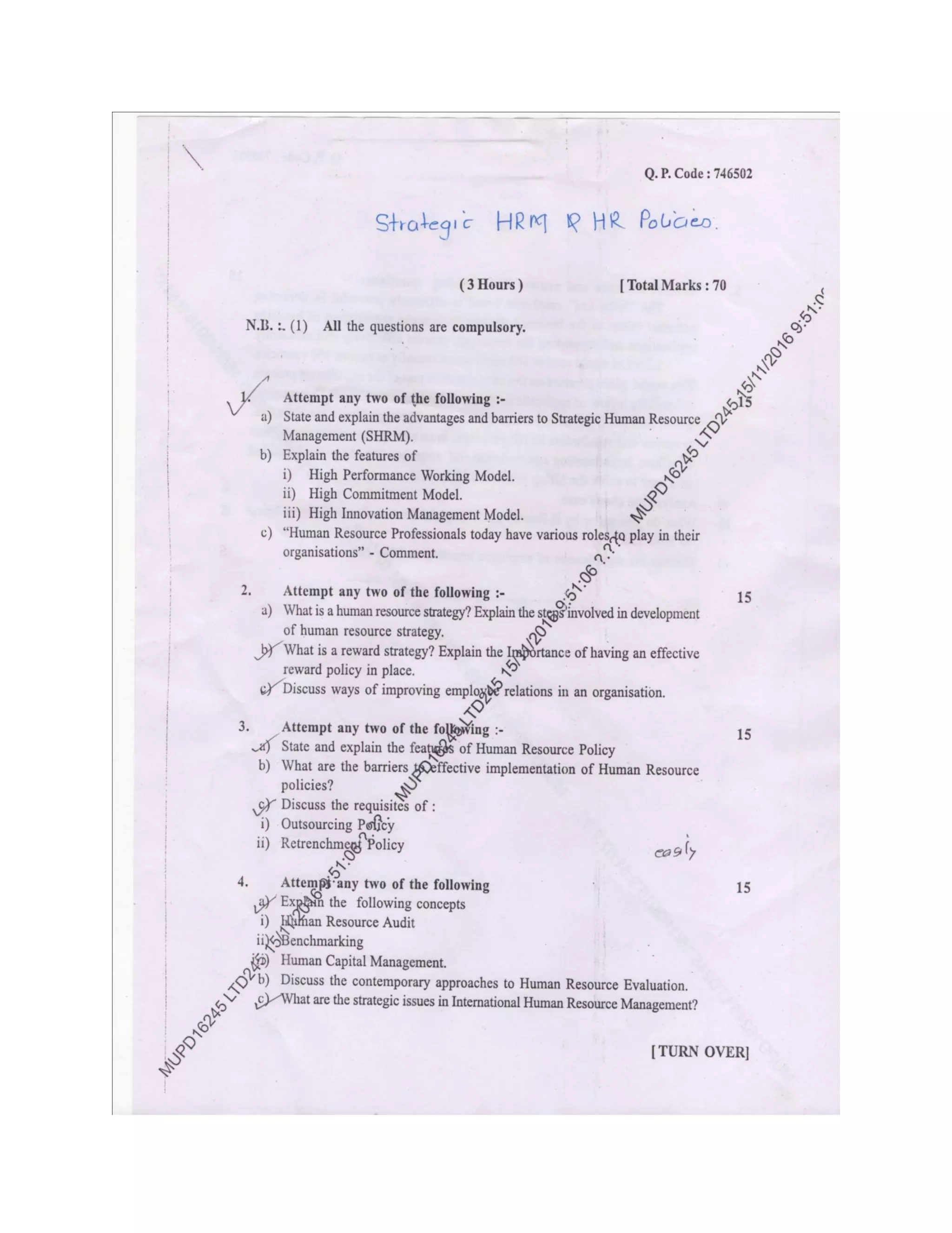 BMS 5th SEM Question Paper:-Strategic HRM & HR Policies | PDF