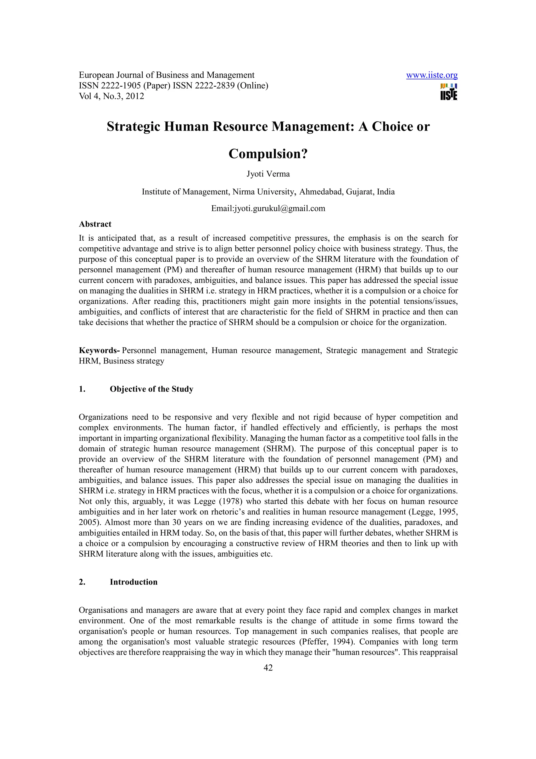 Strategic human resource management a choice or compulsion | PDF