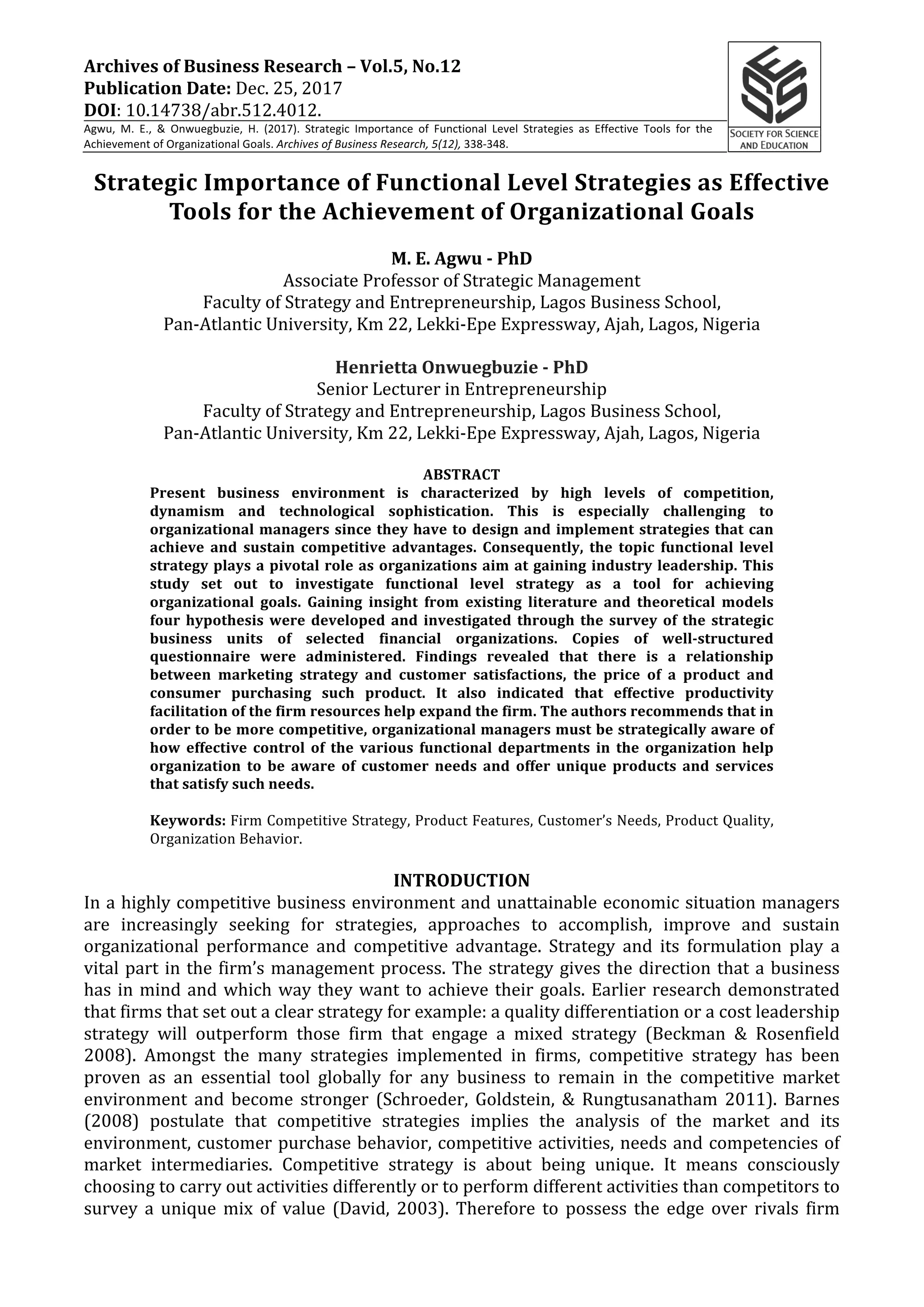 Strategic importance of functional level strategies as effective tools ...