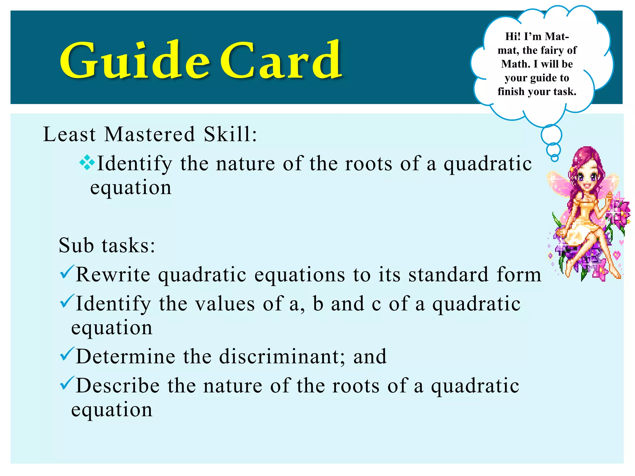 Strategic intervention material discriminant and nature of the roots | PPTX