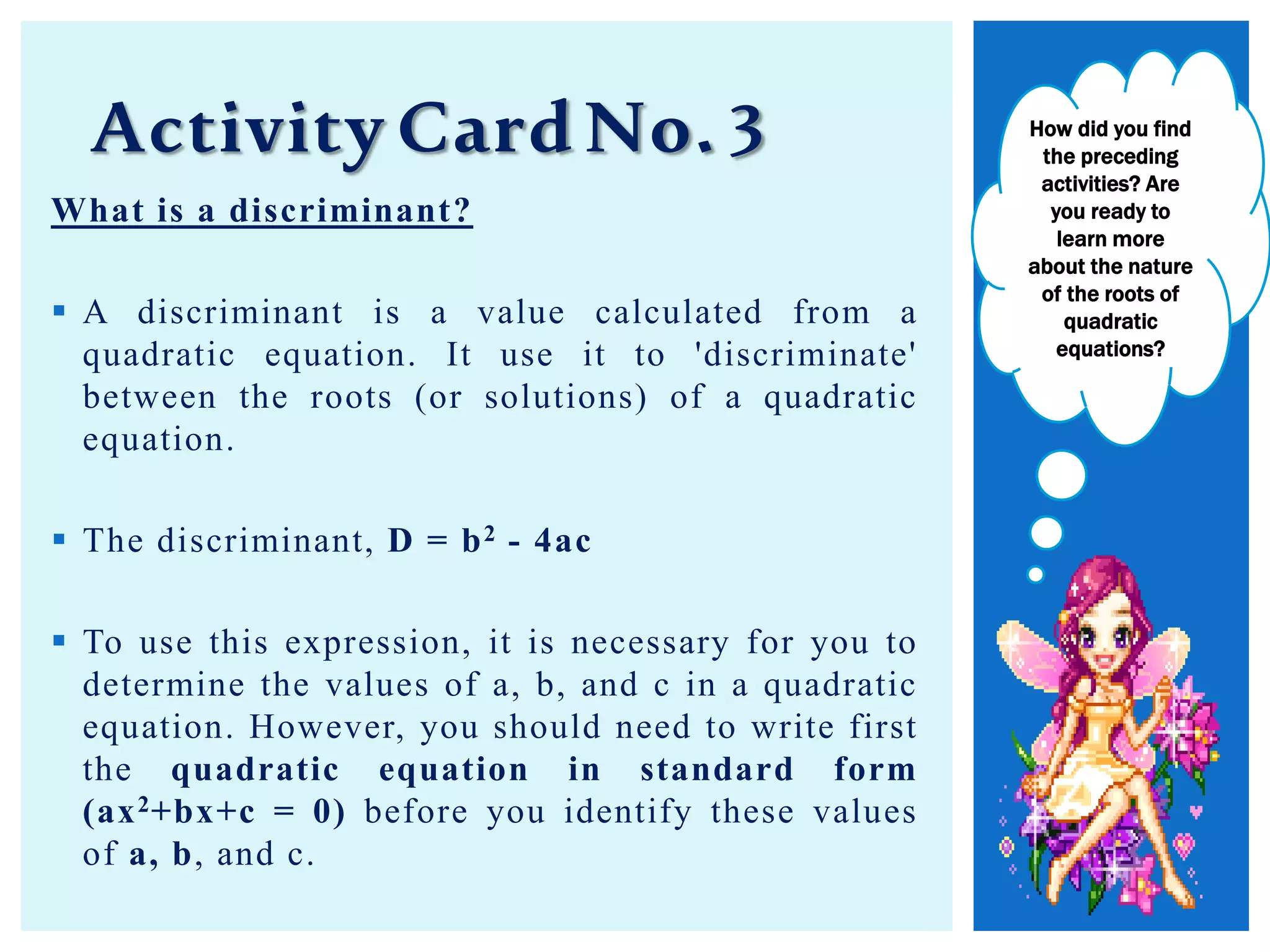 Strategic intervention material discriminant and nature of the roots | PPTX