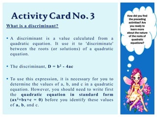 Strategic intervention material discriminant and nature of the roots | PPTX