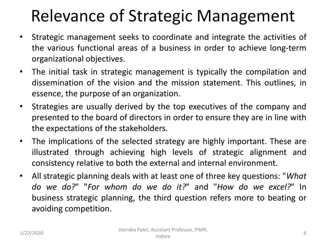 Strategic management definition,relevance , characterstics , level ...