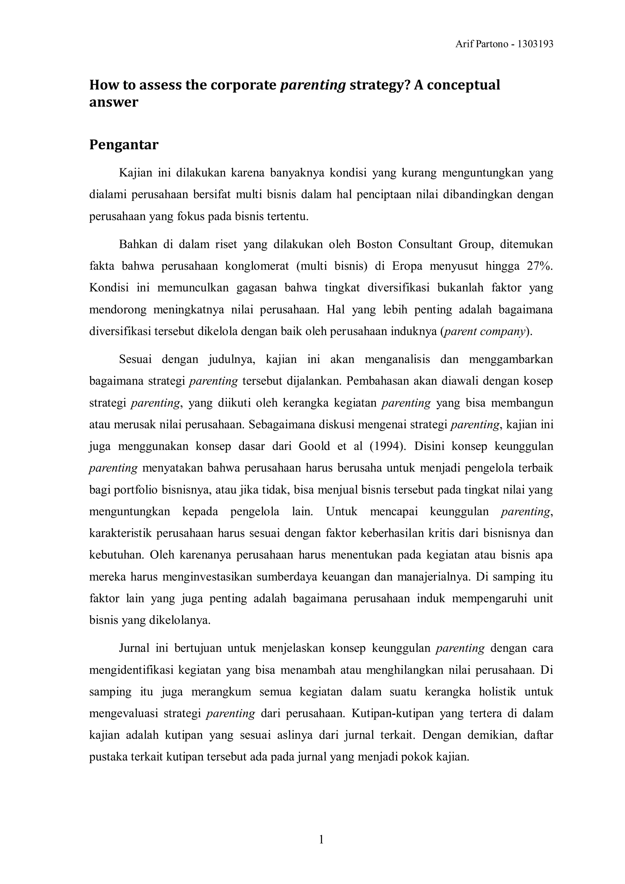 Strategic management for corporate parenting | PDF