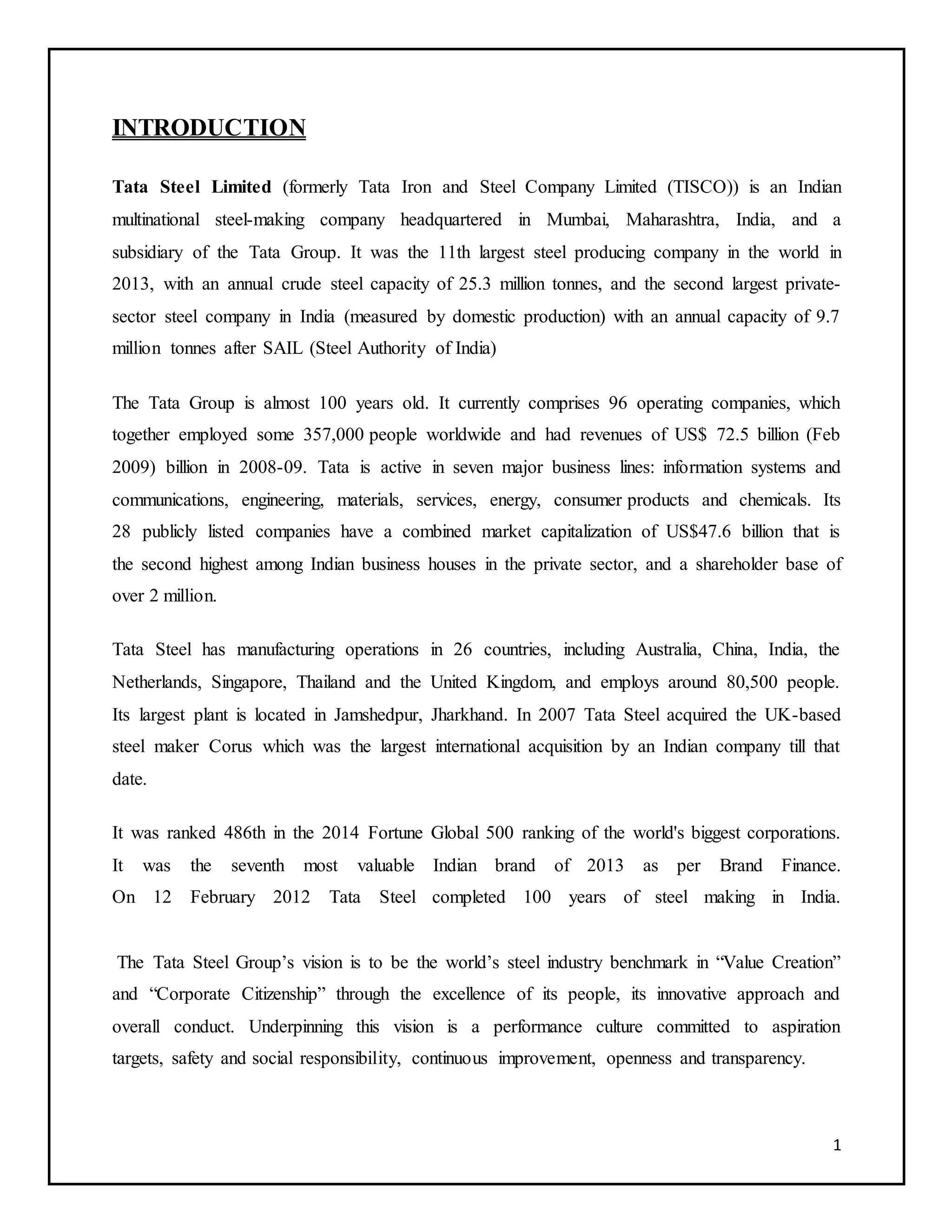 Strategic Management of Tata Steel | DOCX