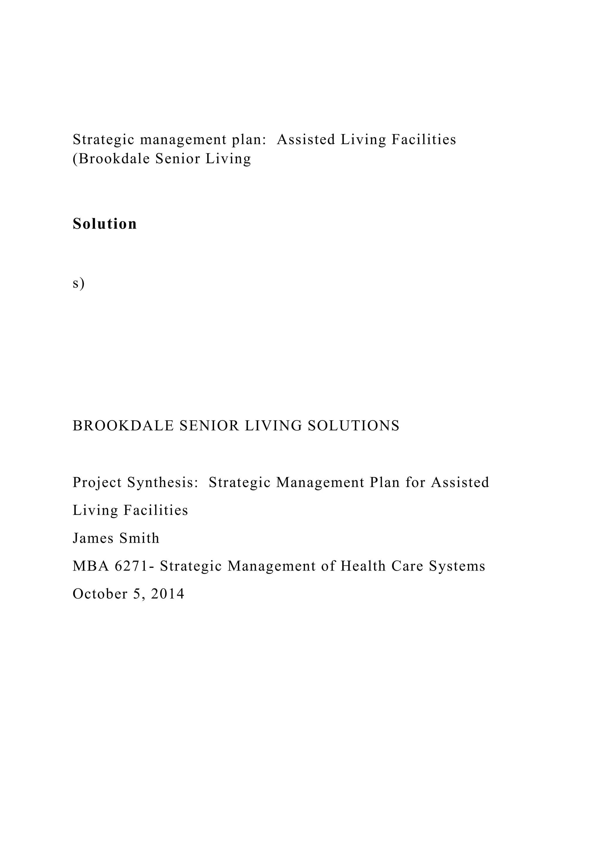 Strategic management plan Assisted Living Facilities (Brookdal.docx