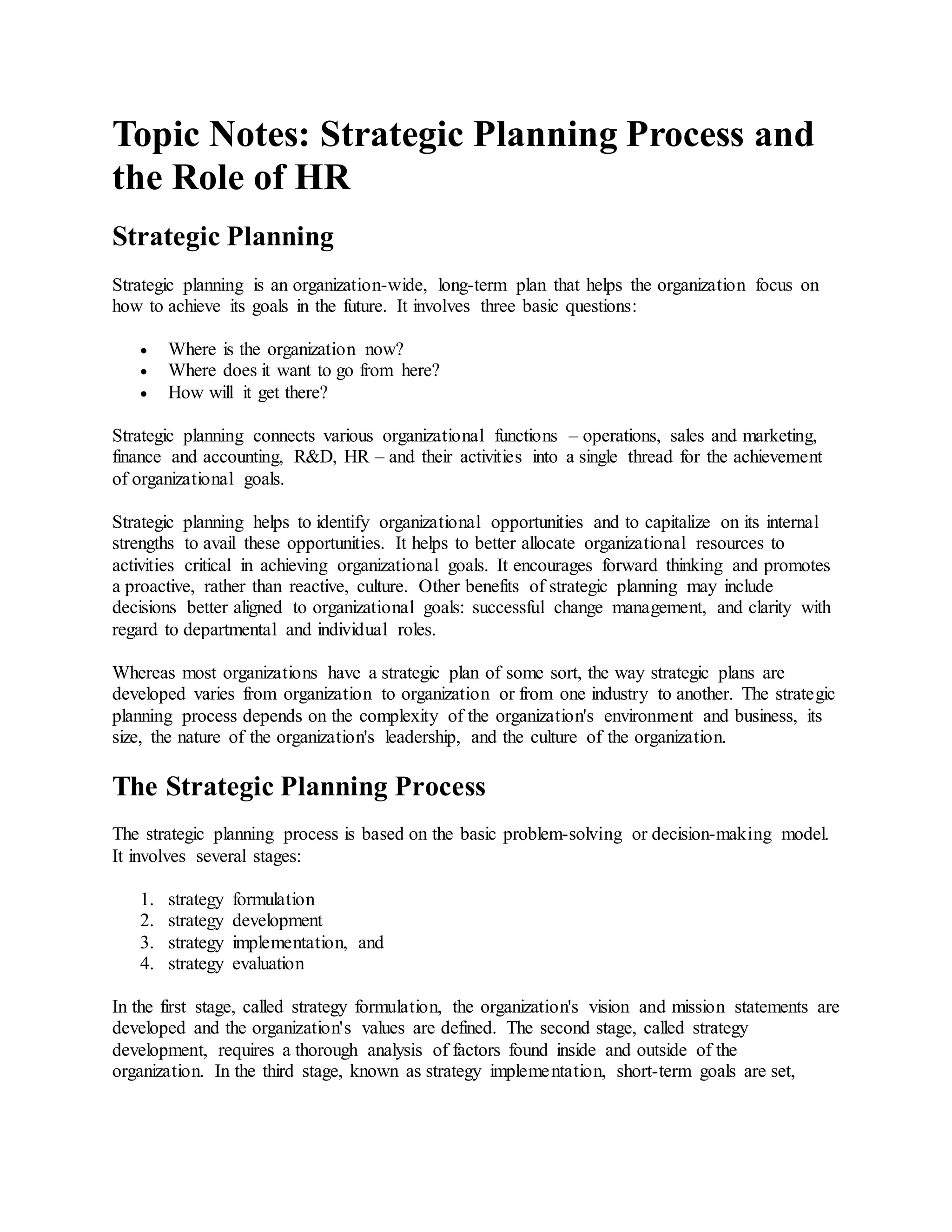 Strategic planning process and the role of hr | DOCX