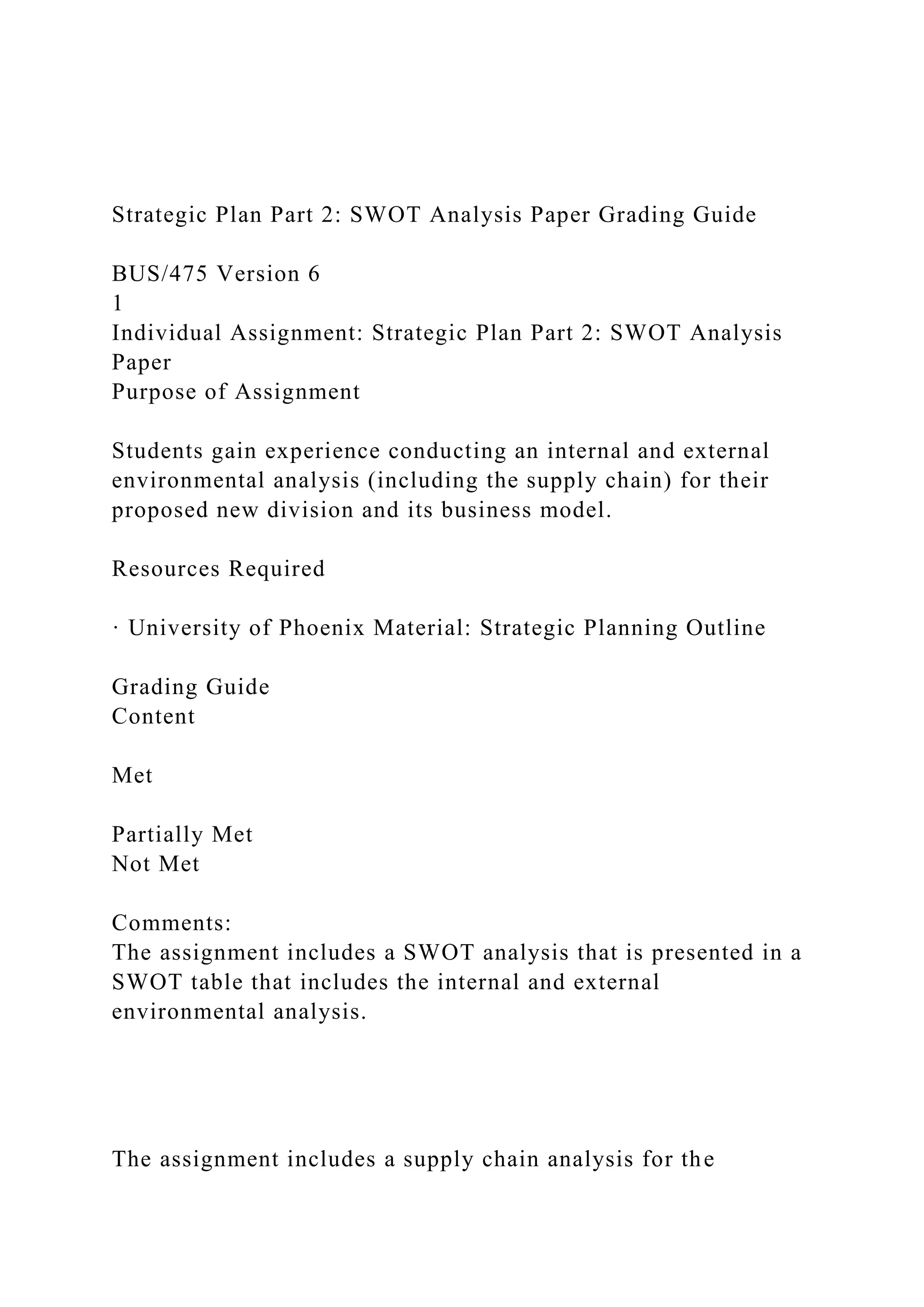 Strategic Plan Part 2 SWOT Analysis Paper Grading GuideBUS.docx