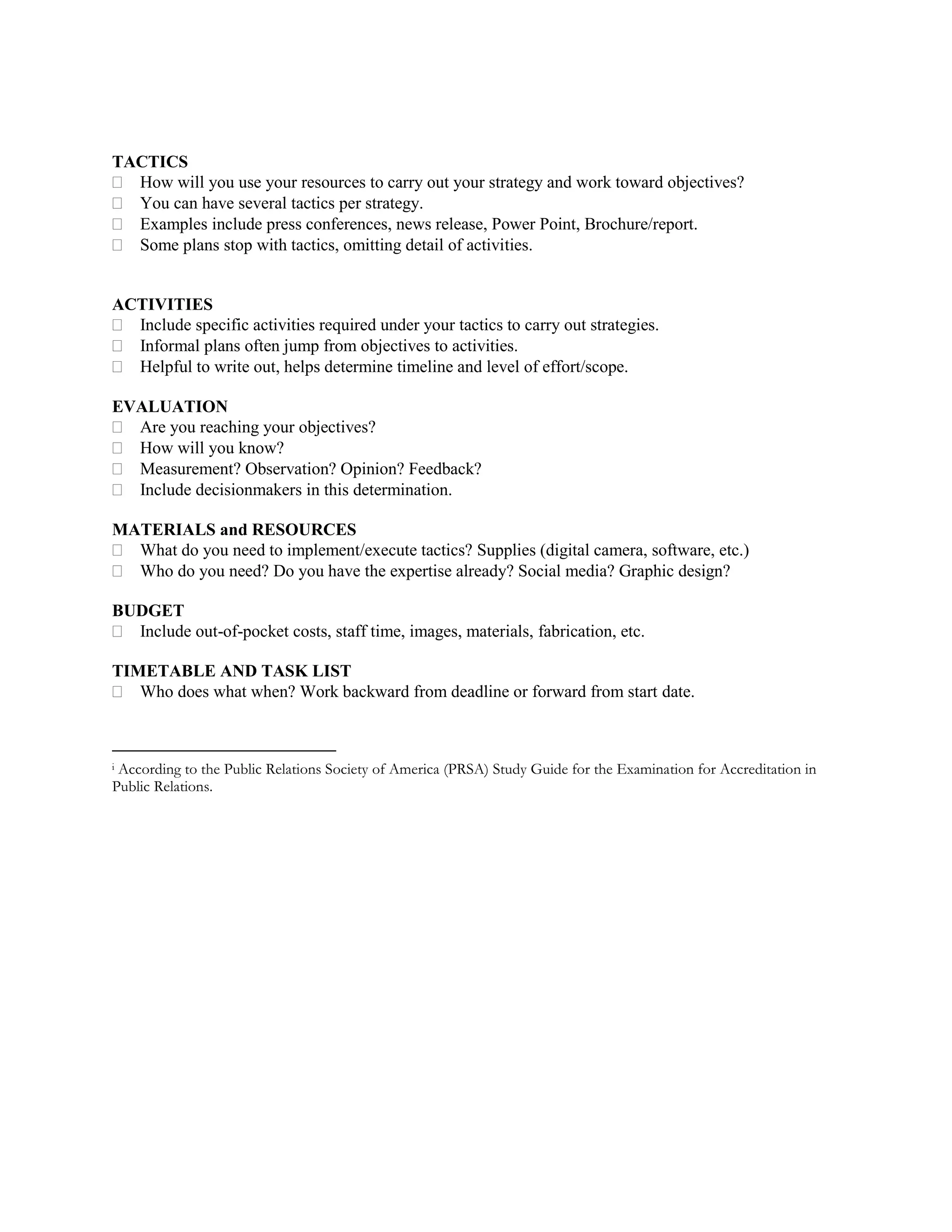 Strategic Public Relations Plan Checklist | PDF