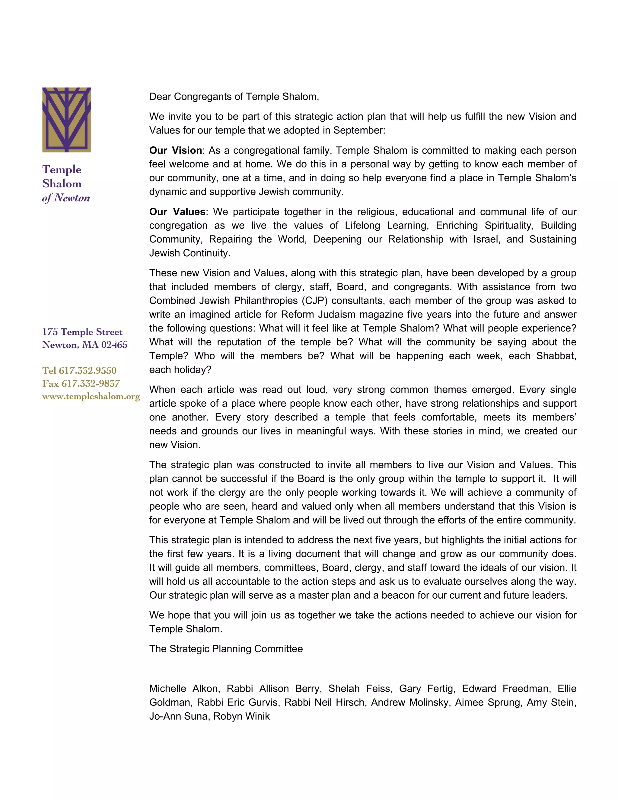Temple Shalom Strategic Vision | PDF | Judaism | Religion & Spirituality