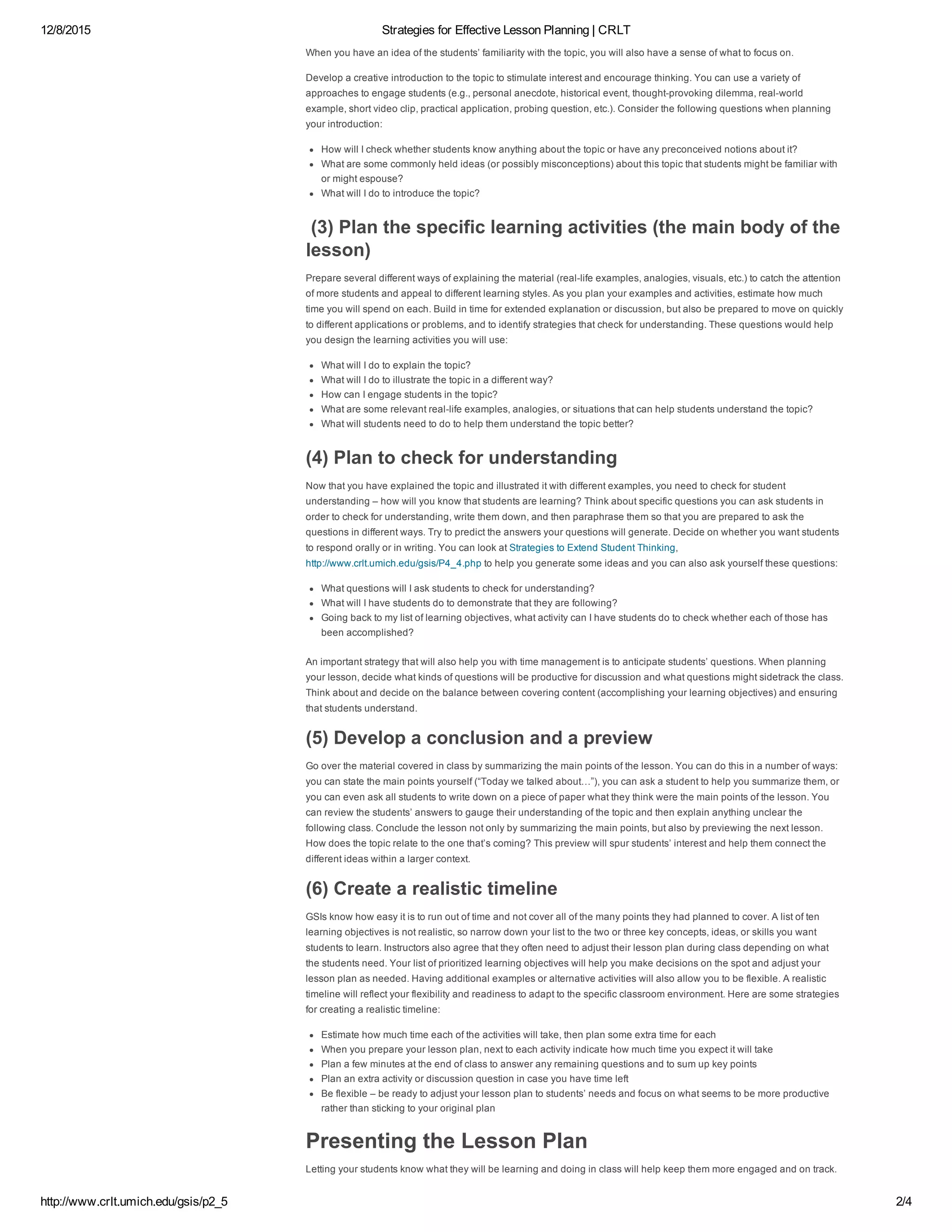 Strategies for effective lesson planning crlt | PDF