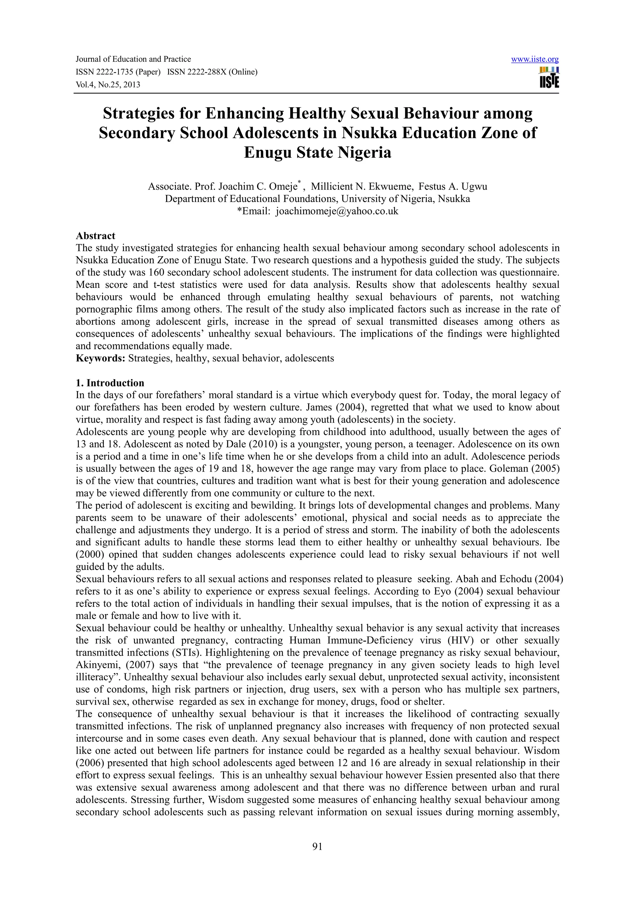 Strategies for enhancing healthy sexual behaviour among secondary school adolescents in nsukka ...