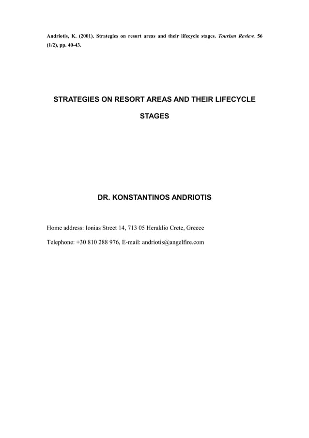 Strategies on resort areas and their lifecycle stages | PDF