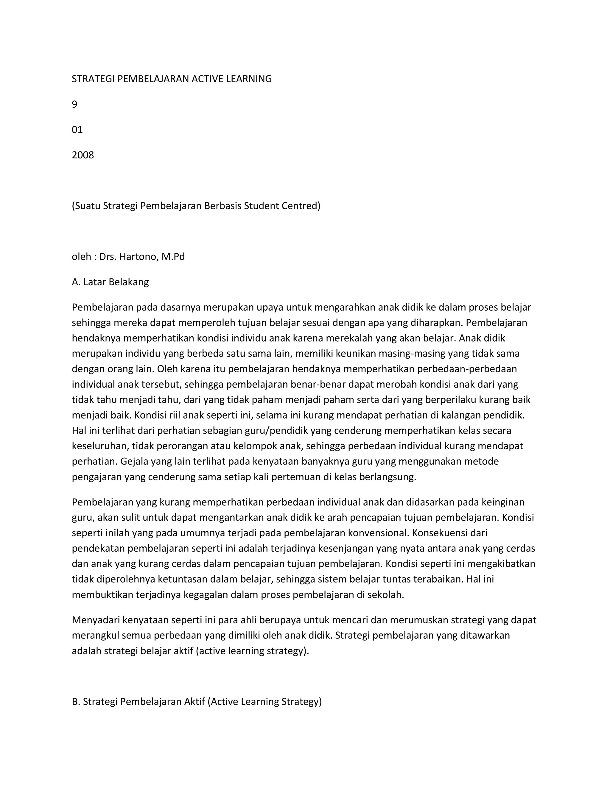 Strategi pembelajaran active learning | DOCX