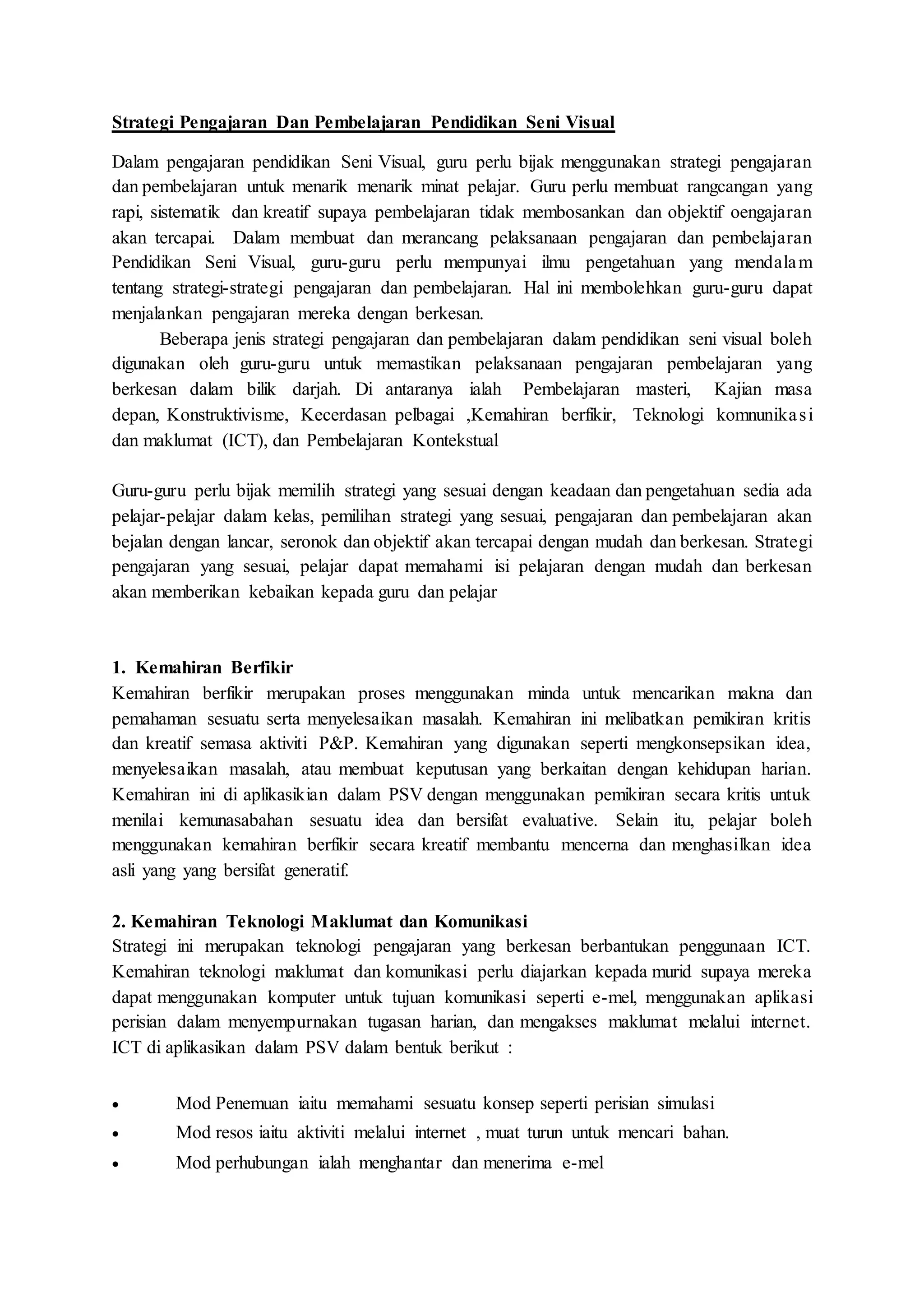 Strategi pengajaran dan pembelajaran pendidikan seni visual | DOCX