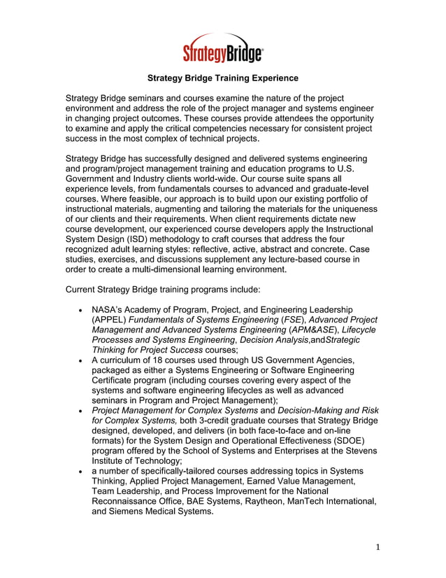 Strategy Bridge Training Experience | DOCX
