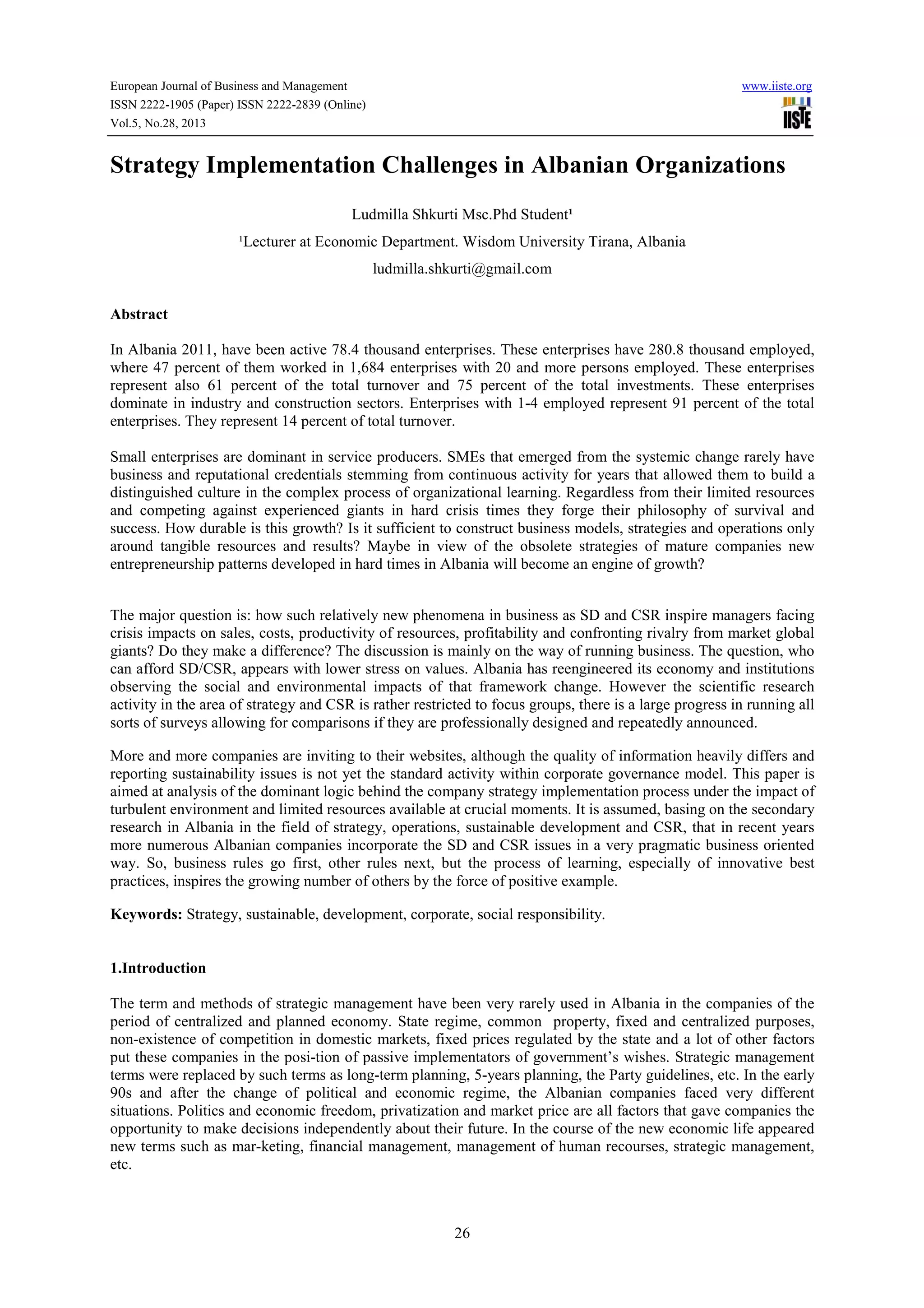 Strategy implementation challenges in albanian organizations | PDF