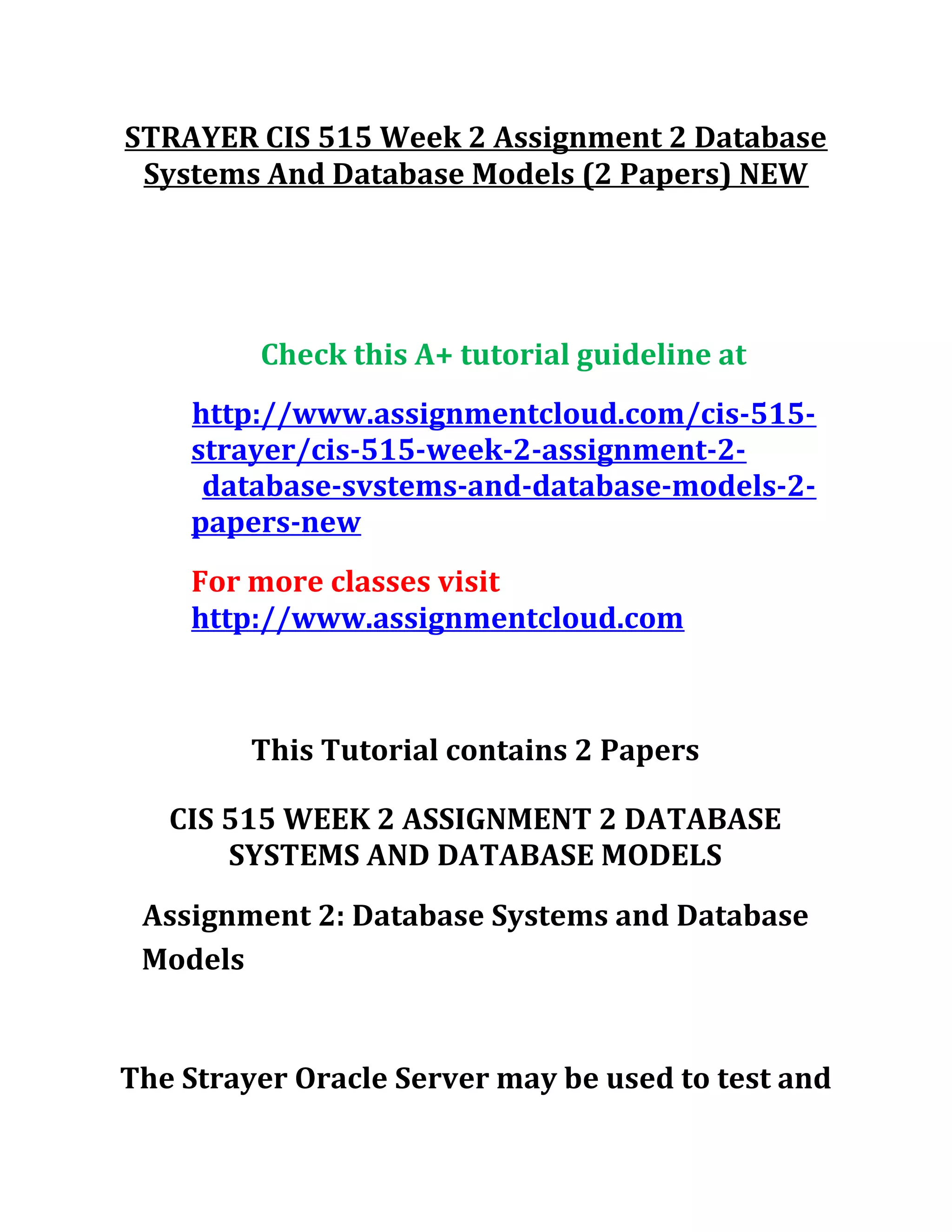 Strayer cis-515-week-2-assignment-2-database-systems-and-database-models | PPT | Databases ...