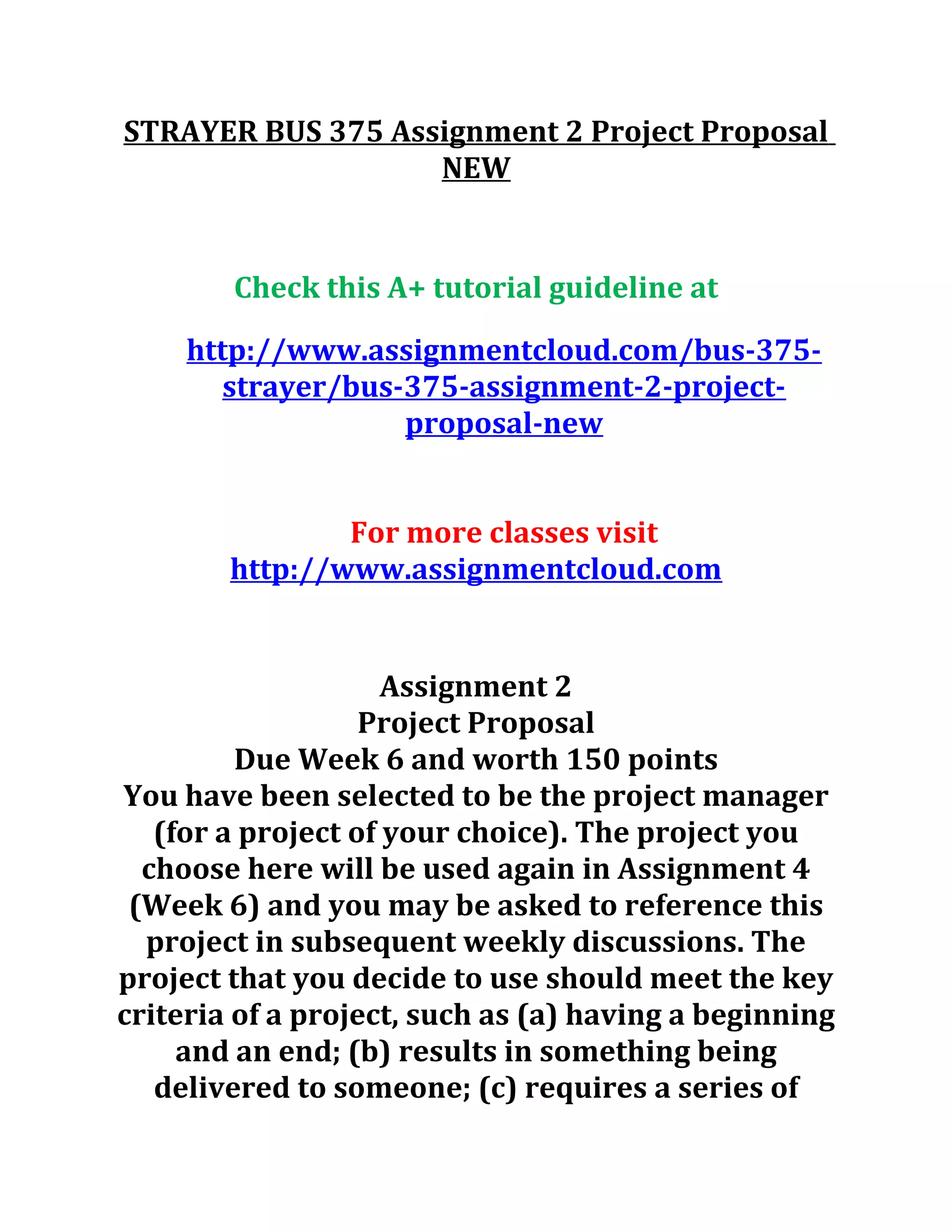 Strayer bus 375 assignment 2 project proposal new | PDF