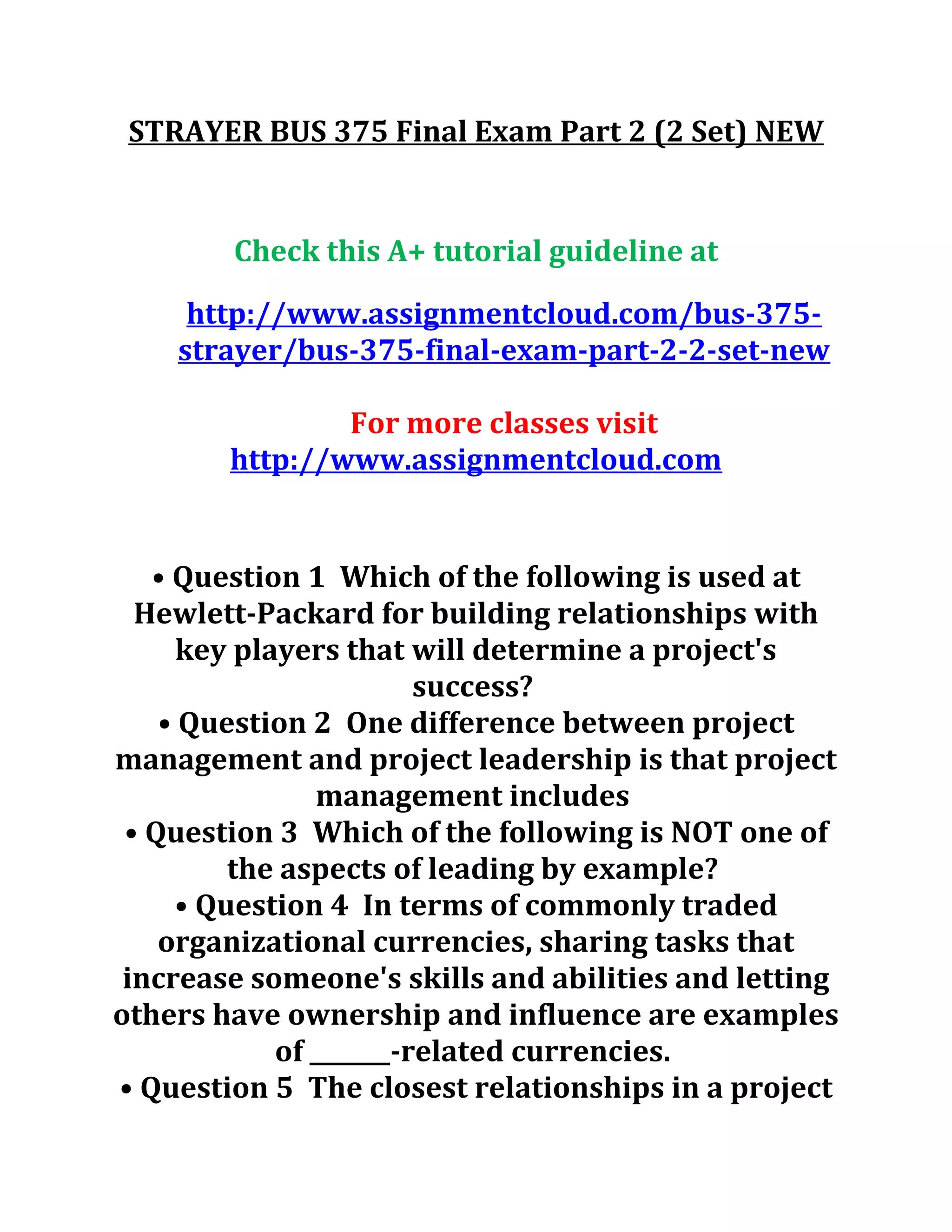 Strayer bus 375 final exam part 2 | PDF