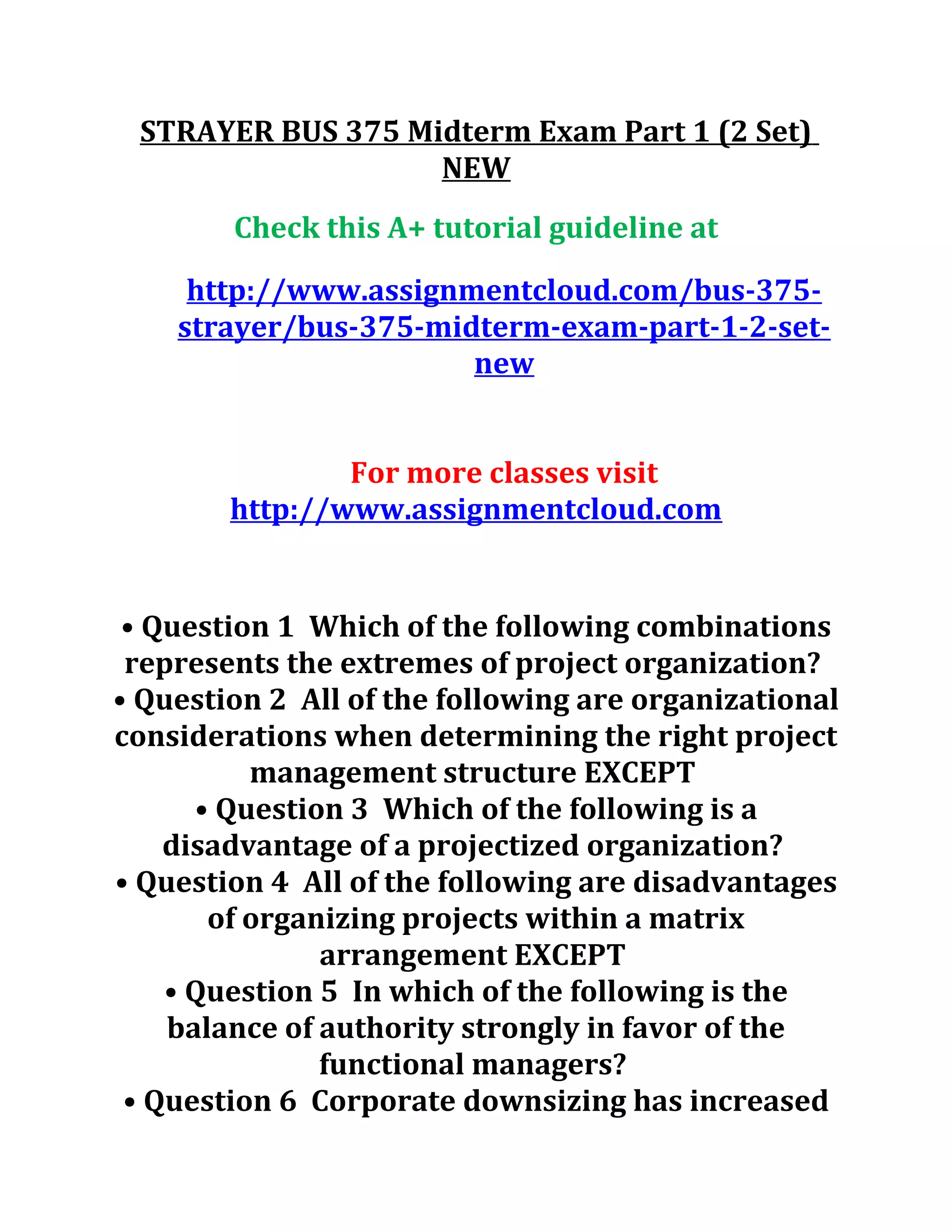 Strayer bus 375 midterm exam part 1 | DOC