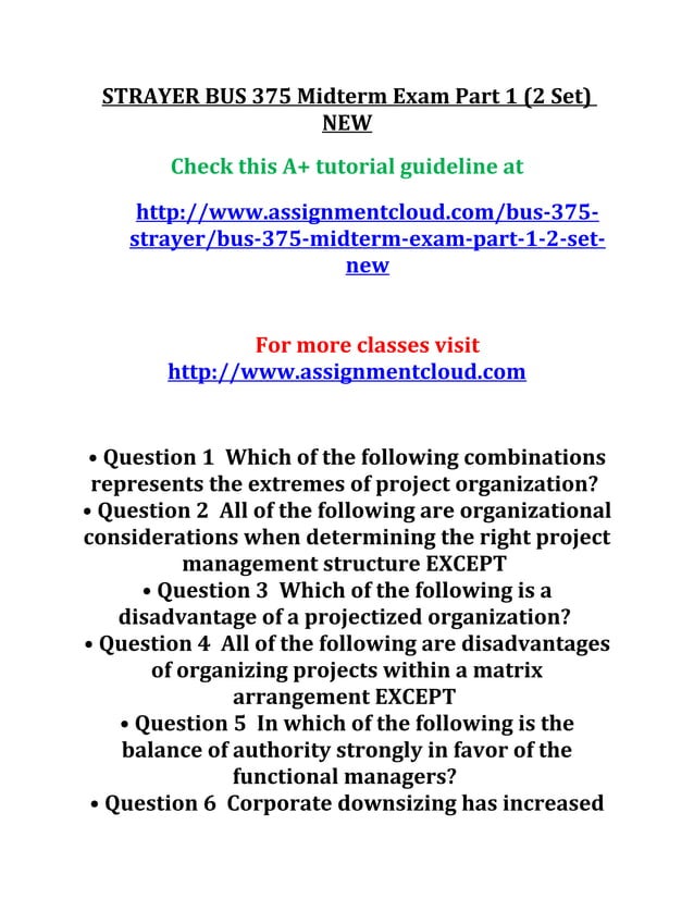 Strayer bus 375 midterm exam part 1 | DOC | Educational Assessment | Education