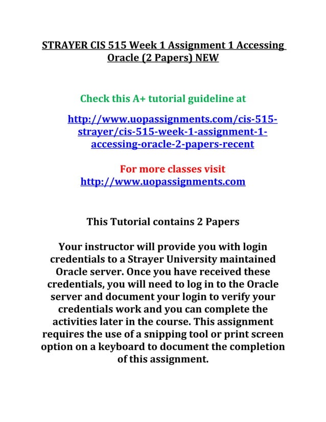 Strayer cis 515 week 1 assignment 1 accessing oracle | PDF