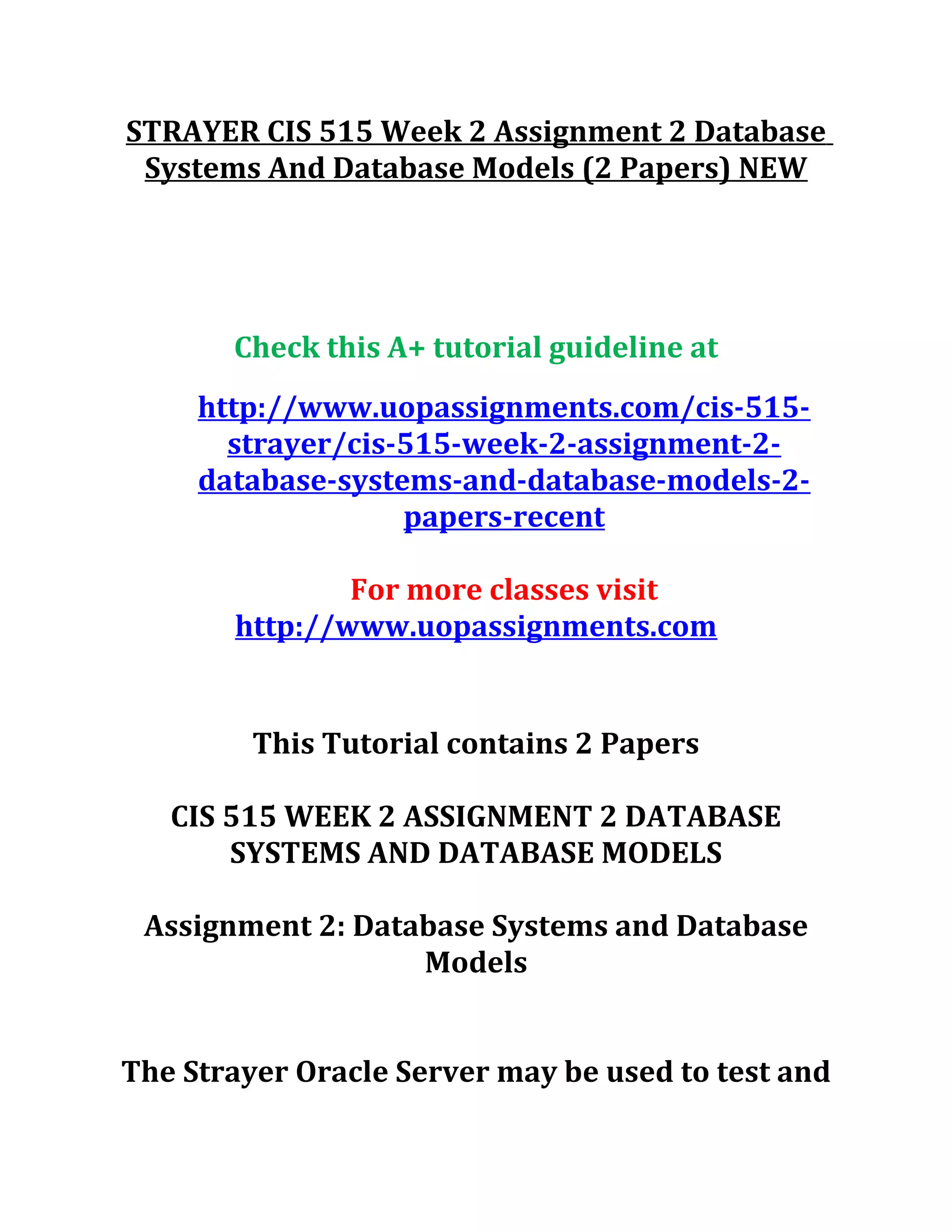 Strayer Cis 515 Week 2 Assignment 2 Database Systems And Database Models Pdf