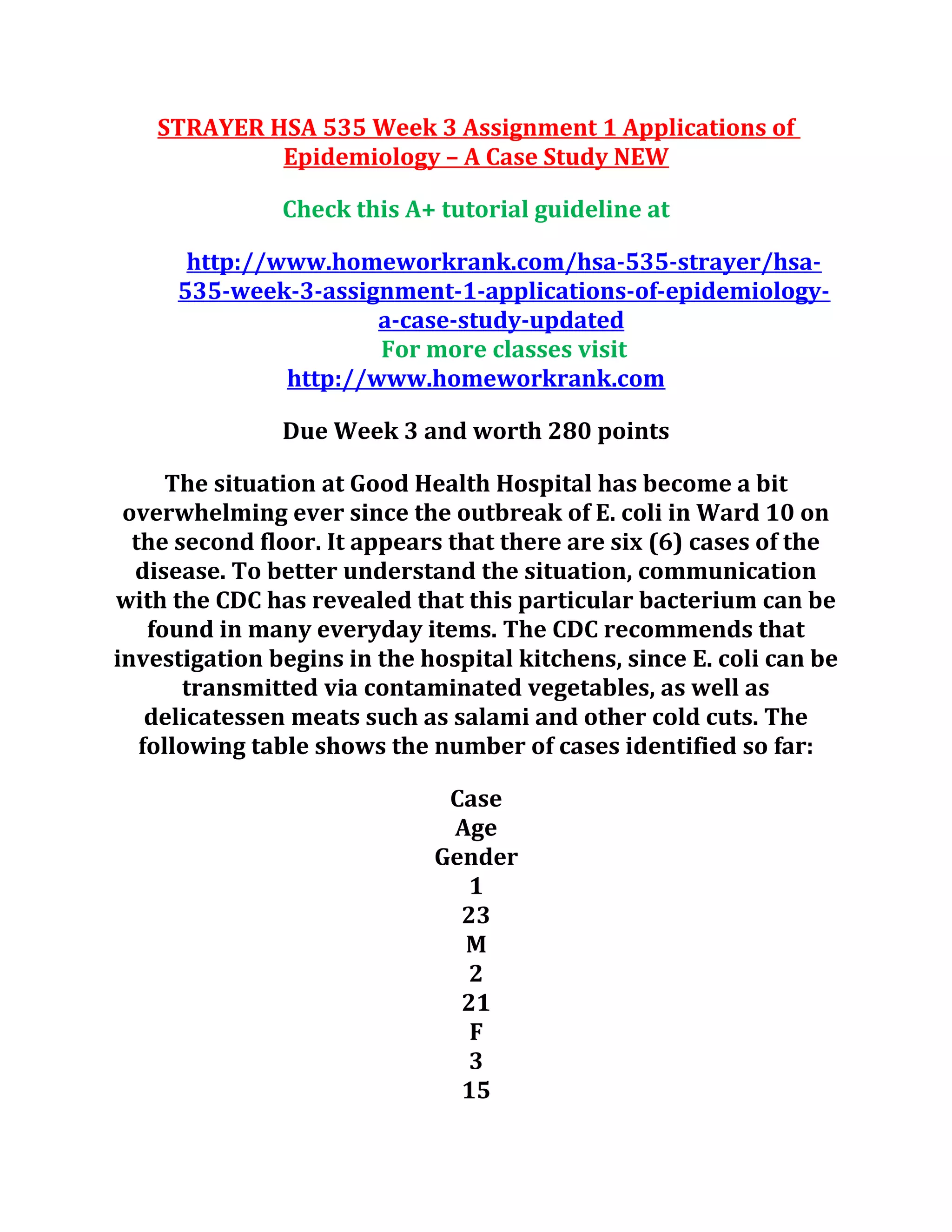 Strayer hsa 535 week 3 assignment 1 applications of epidemiology a case ...