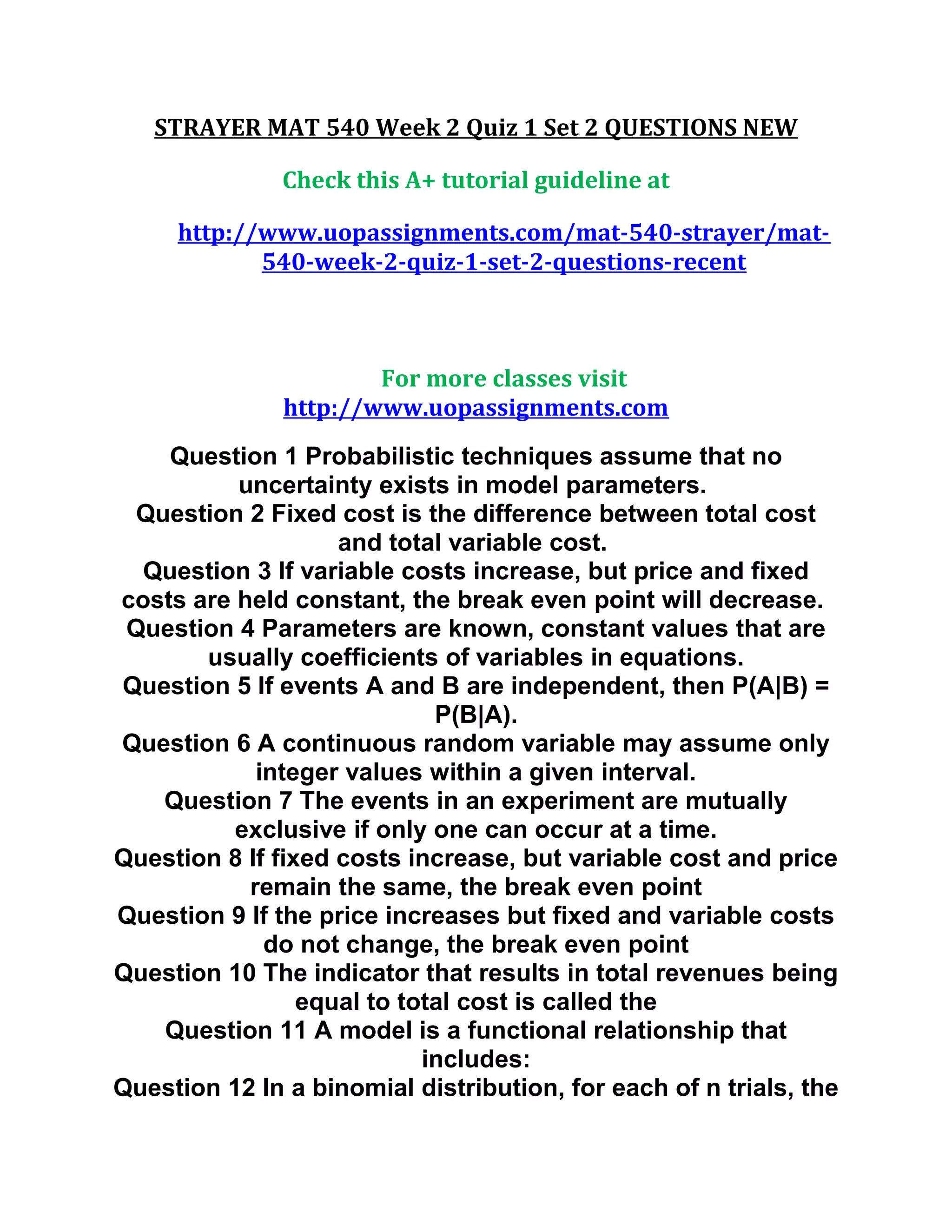 Strayer mat 540 week 2 quiz 1 set 2 questions new | PDF