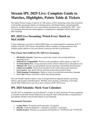 Stream IPL 2025 Live Complete Guide to Matches, Highlights, Points ...