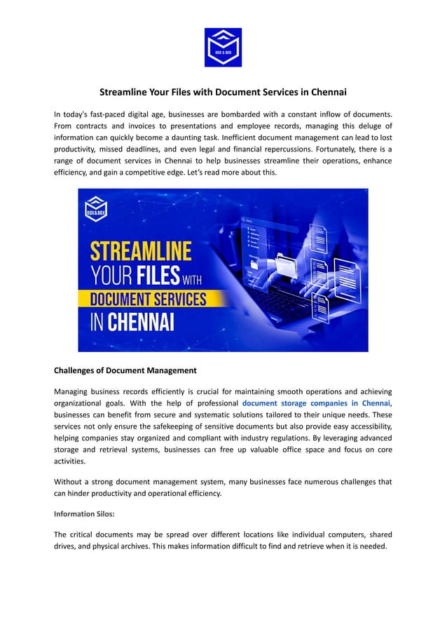 Streamline Business Operations with Document Services in Chennai | PDF
