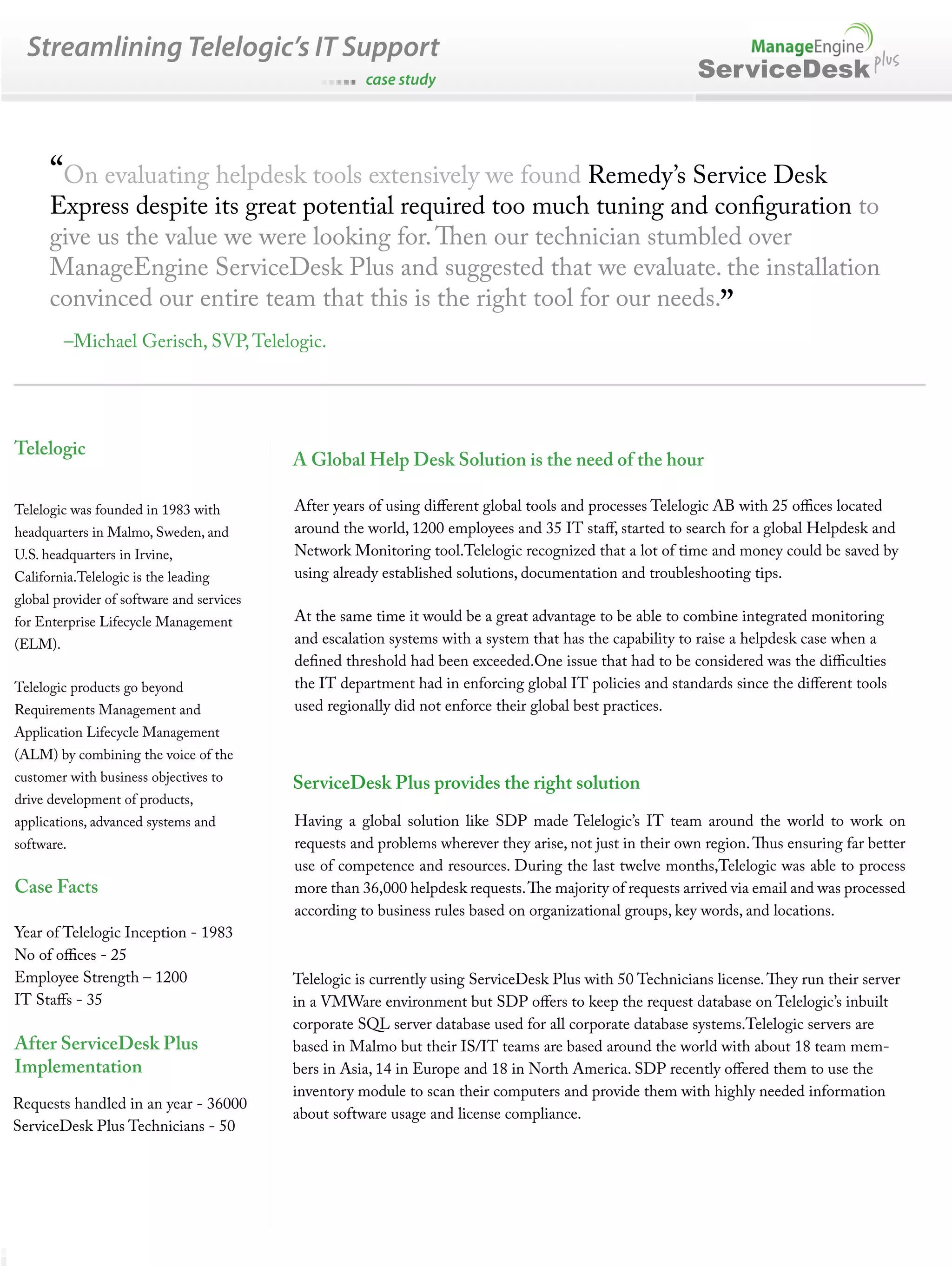 Case Study from Streamlining Telelogics IT Support | PDF