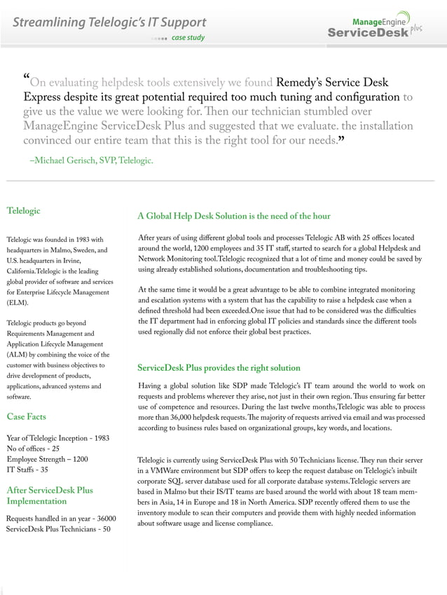 Case Study from Streamlining Telelogics IT Support | PDF