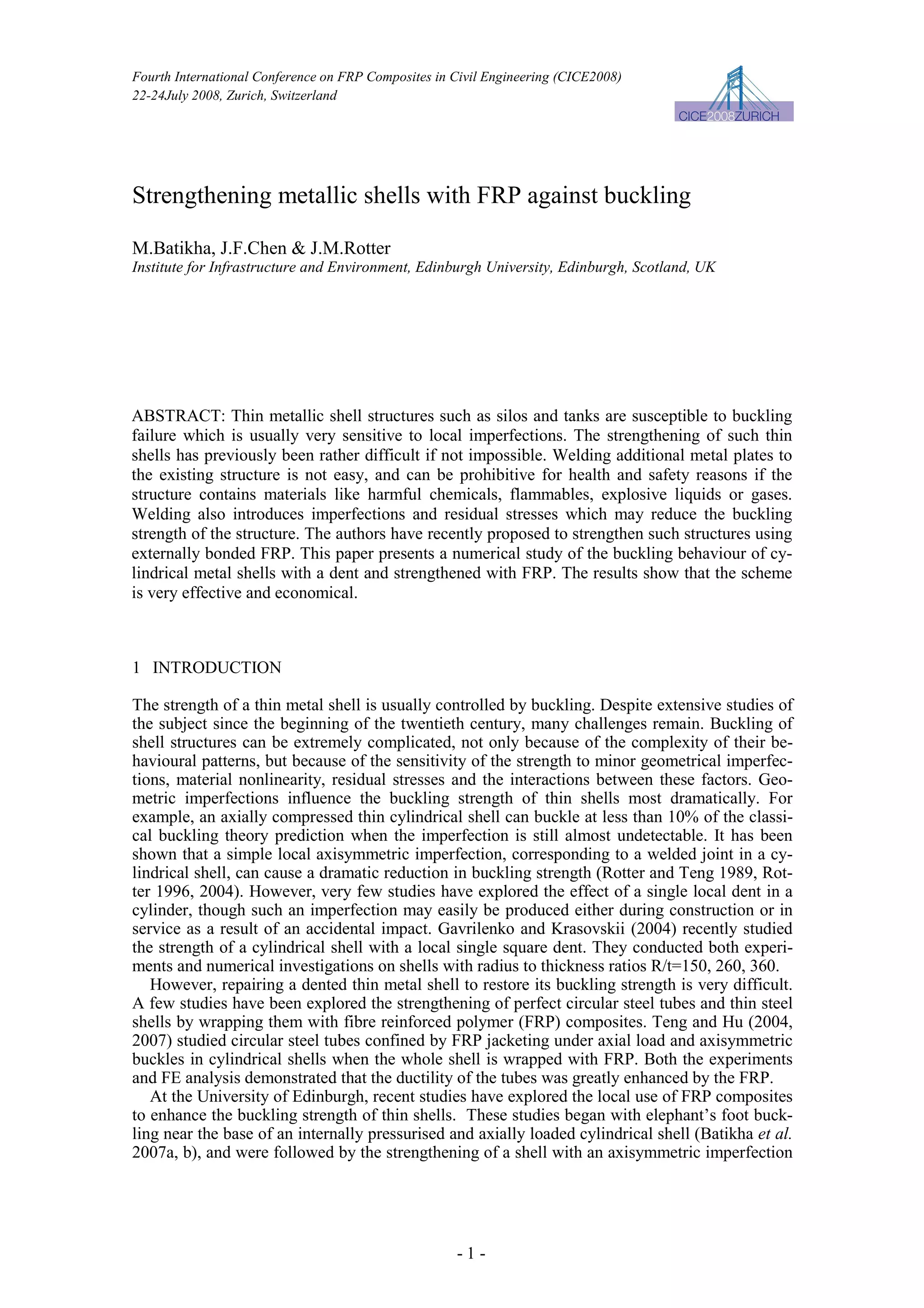 Strengthening metallic shells with frp against buckling cice2008 | PDF