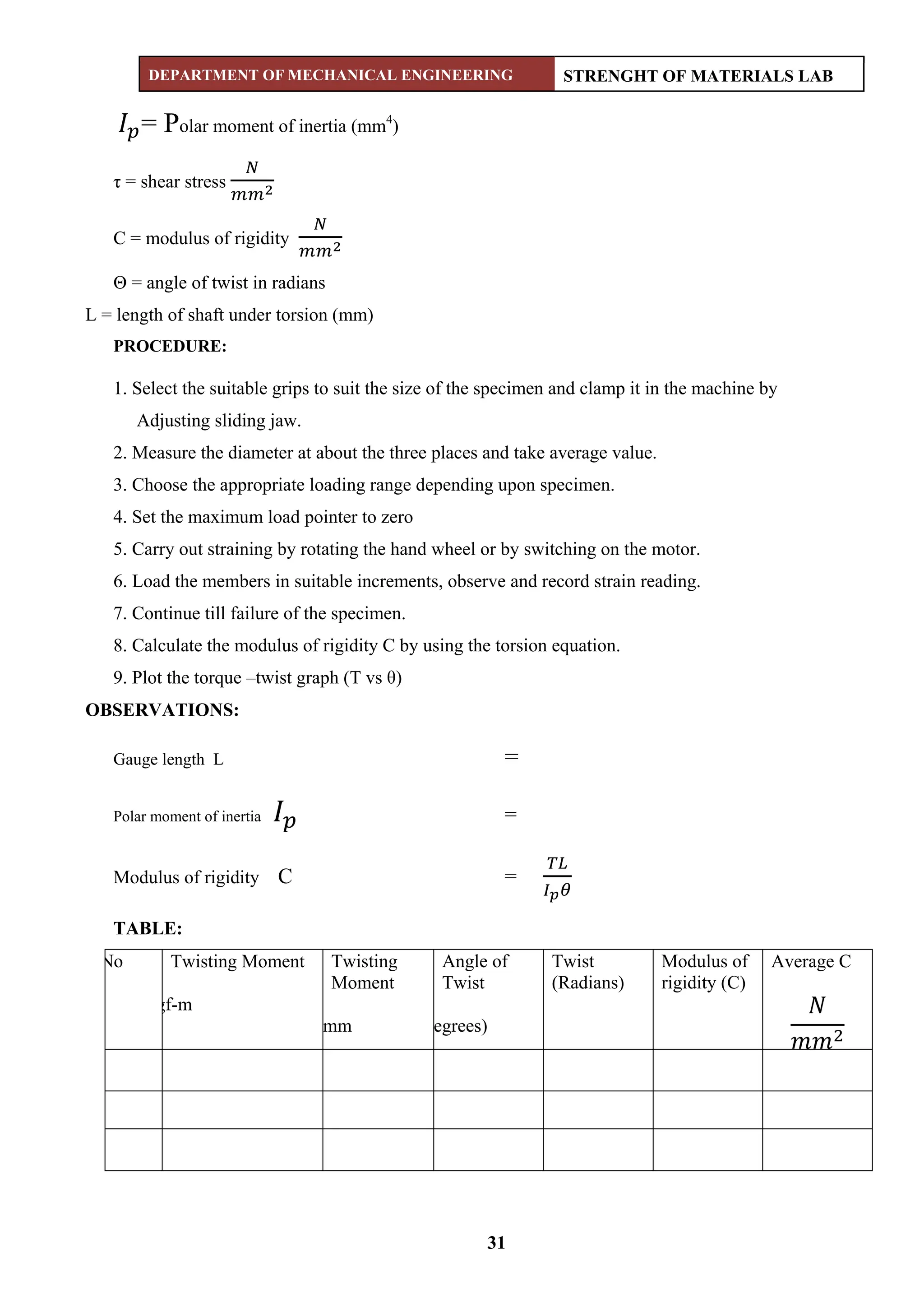 Strength of Materials Lab Manual Strength of Materials Lab ...