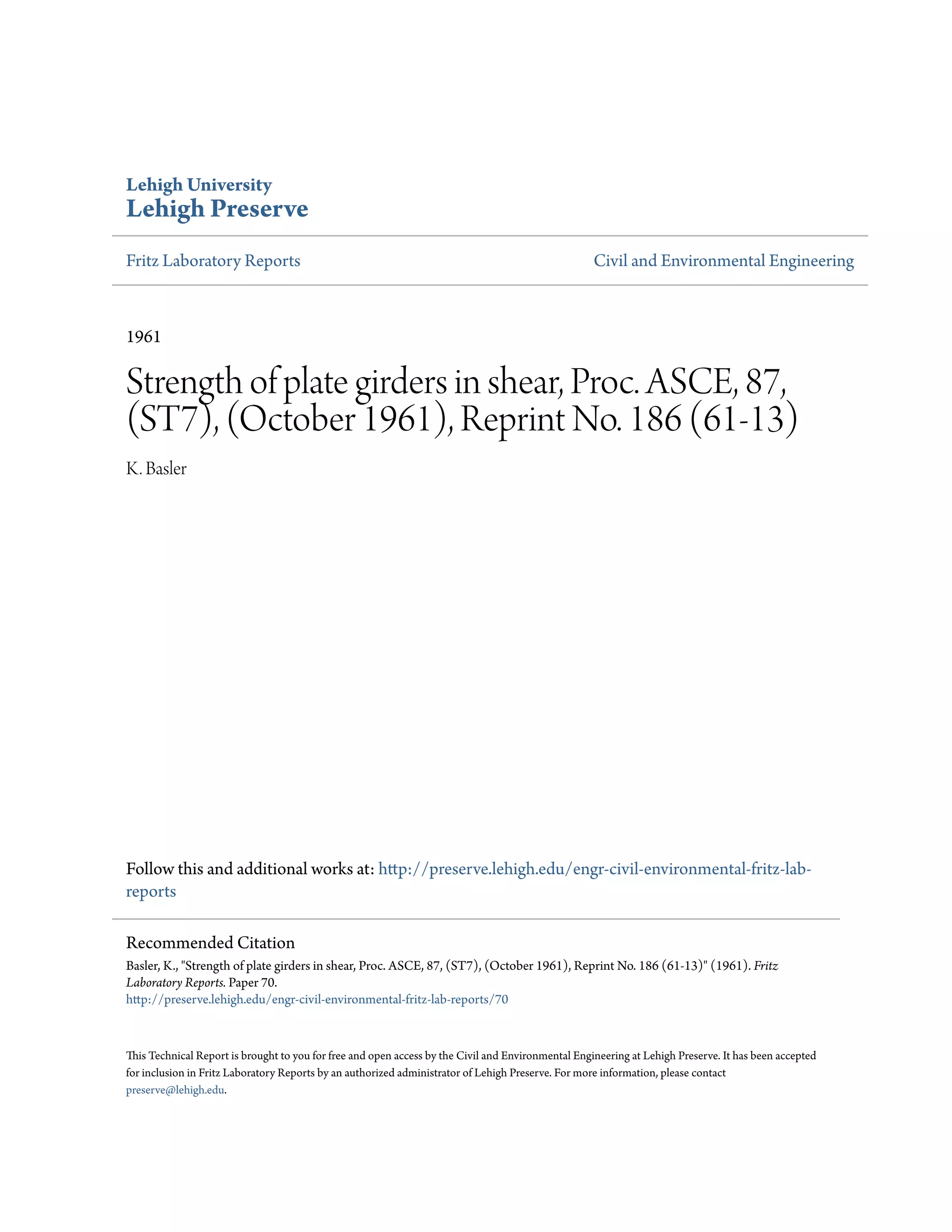 Strength of plate girders in shear proc. asce 87 (st7) original | PDF
