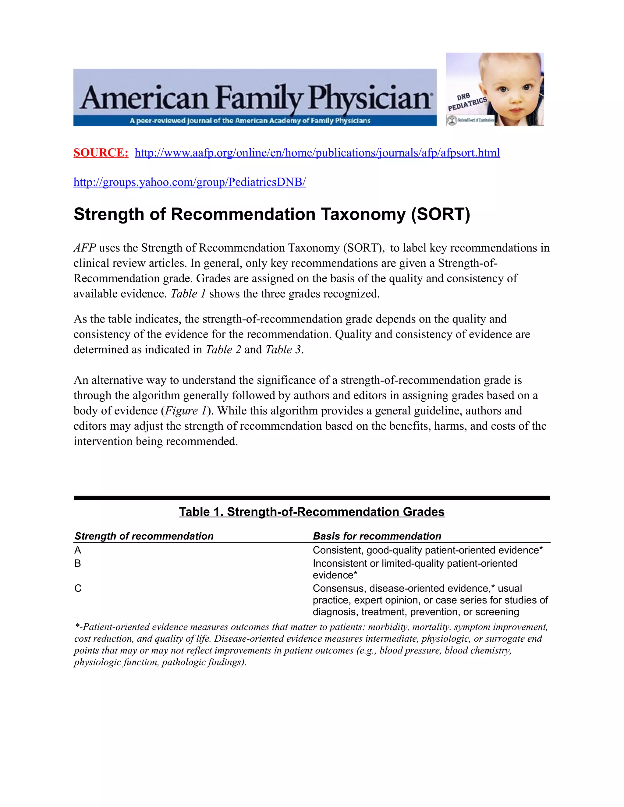 Strength of Recommendation Taxonomy (SORT) AAFP | PDF