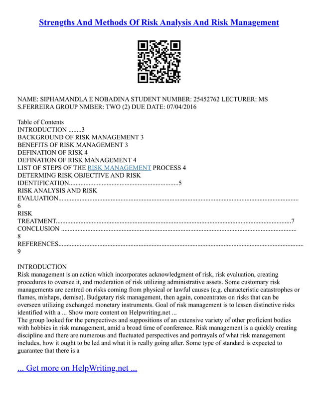 Strengths And Methods Of Risk Analysis And Risk Management | PDF