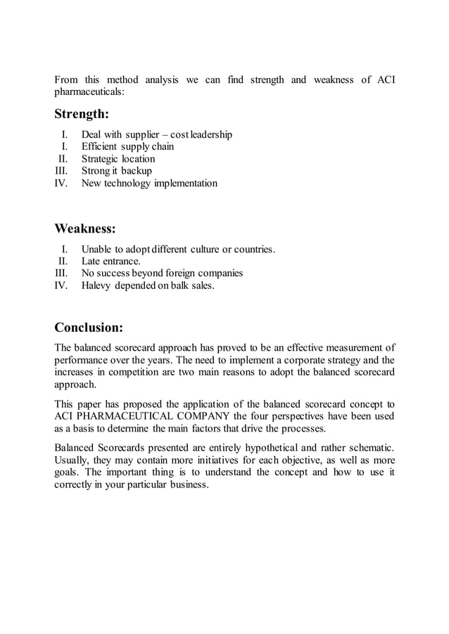 Strength weakness of aci pharmaceuticals ltd. using balanced scorecard ...