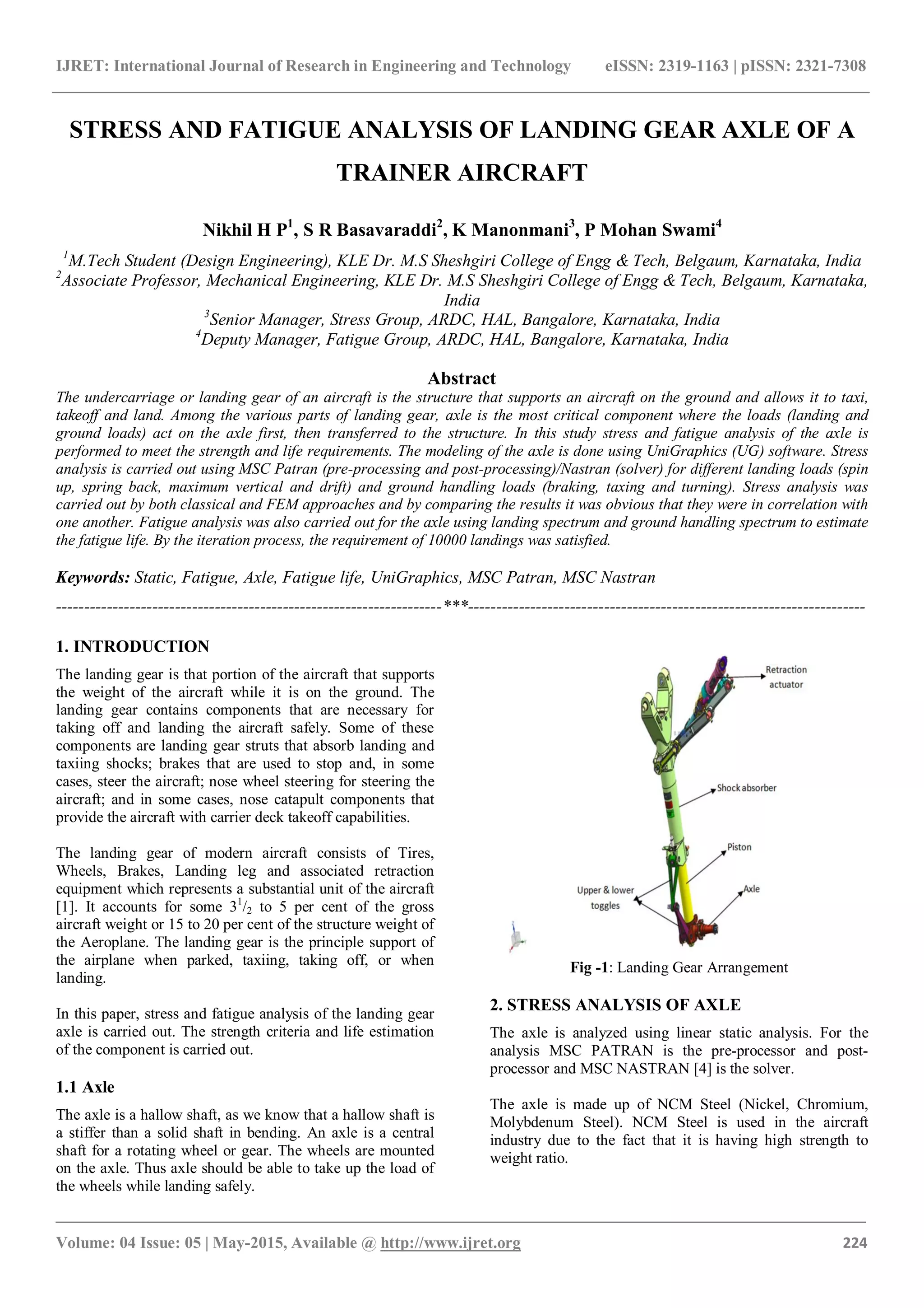 Stress and fatigue analysis of landing gear axle of a trainer aircraft ...