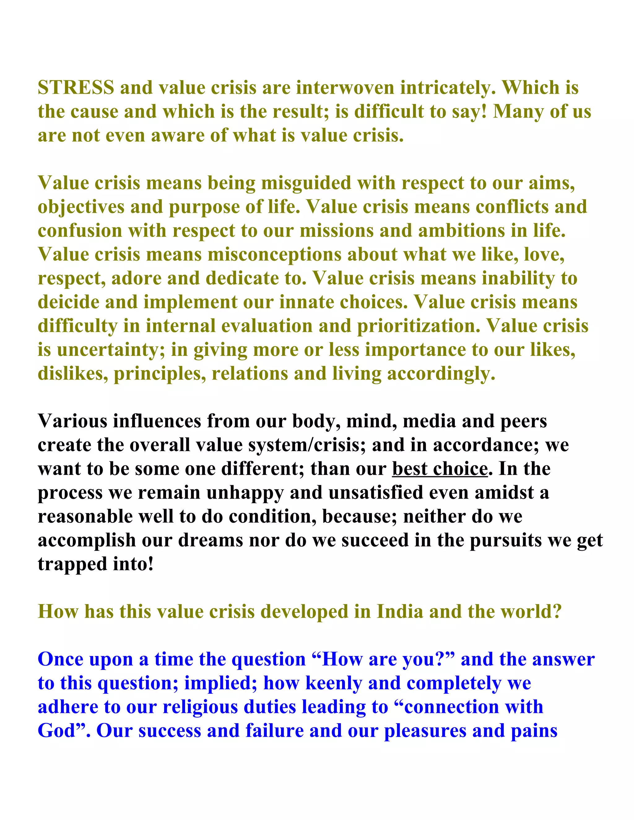 Stress and value crisis dr shriniwas kashalikar | DOC