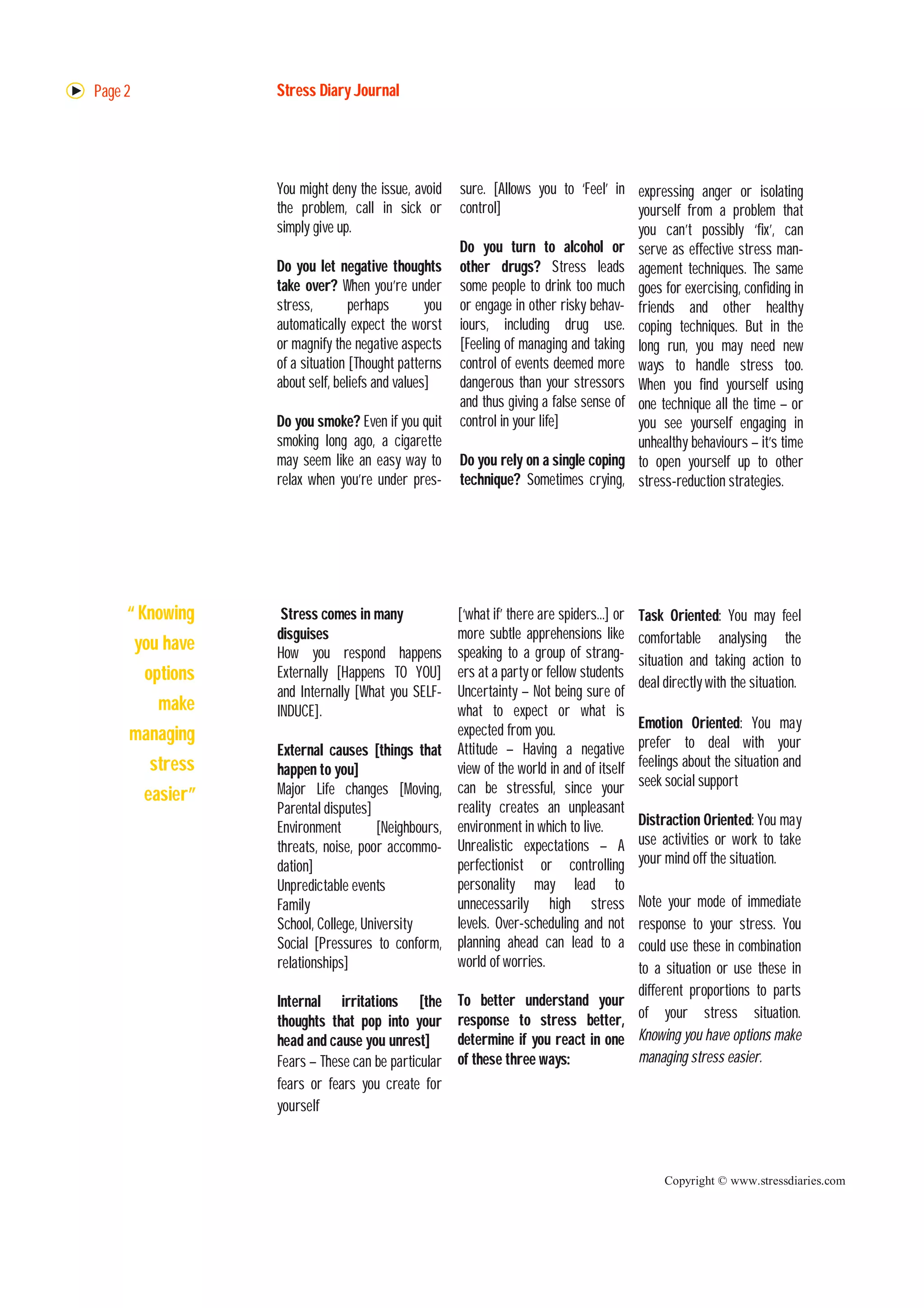 Stress diary guide 4. reactions to stress | PDF