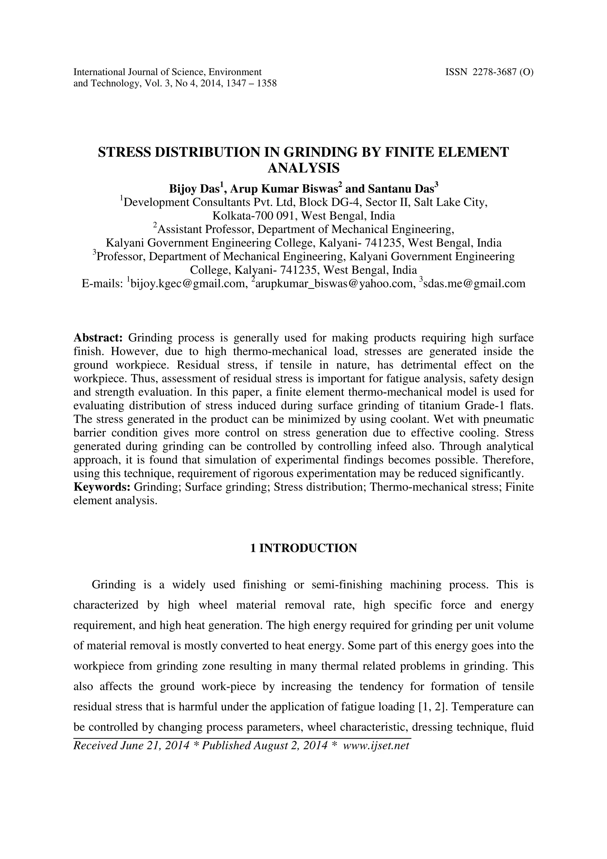 STRESS DISTRIBUTION IN GRINDING BY FINITE ELEMENT ANALYSIS | PDF