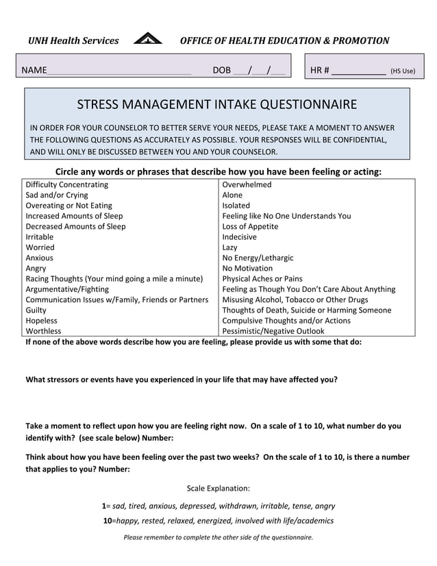 Stress intake questionnaire | PDF