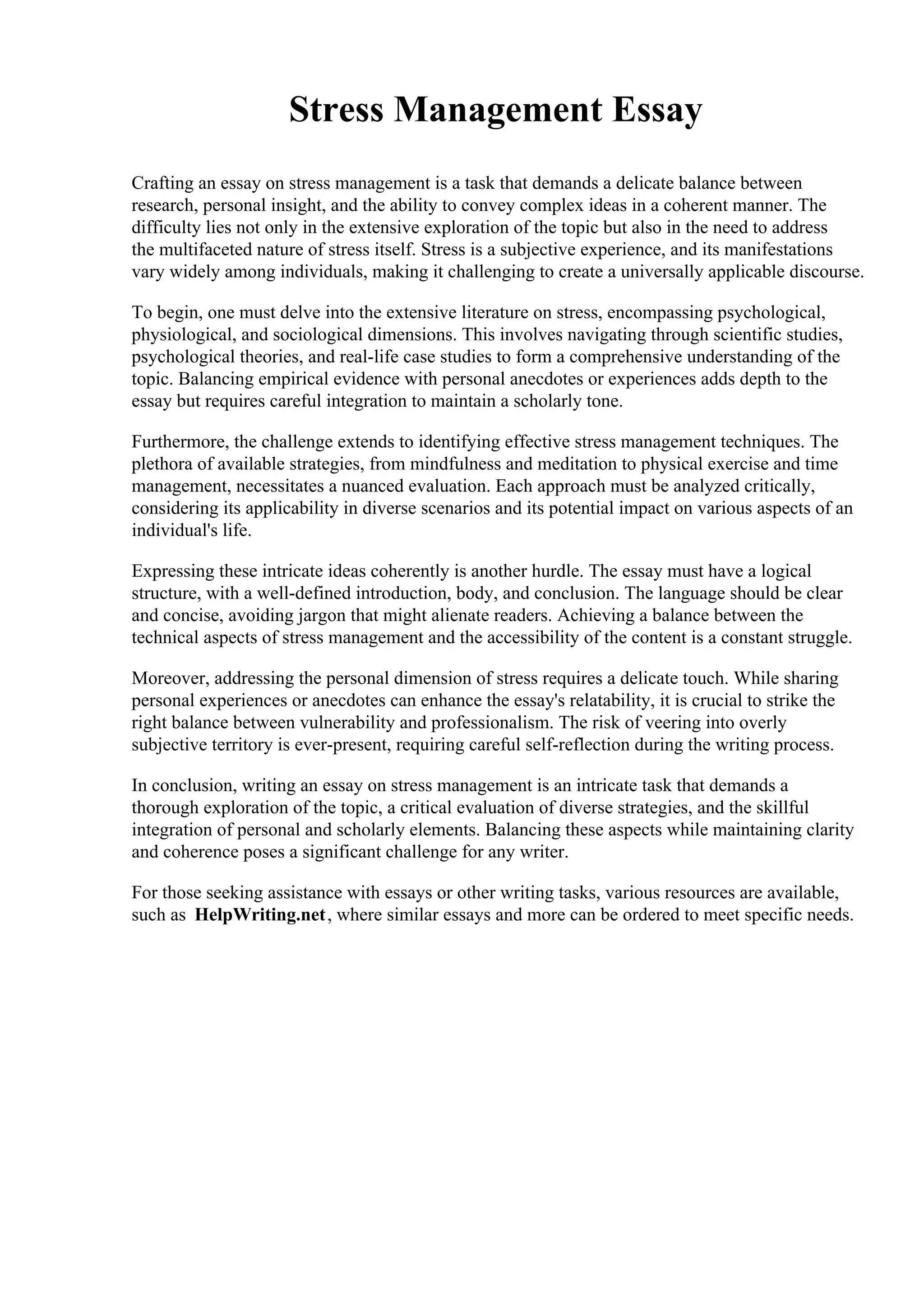 Stress Management Essay. University of Fredericton | PDF